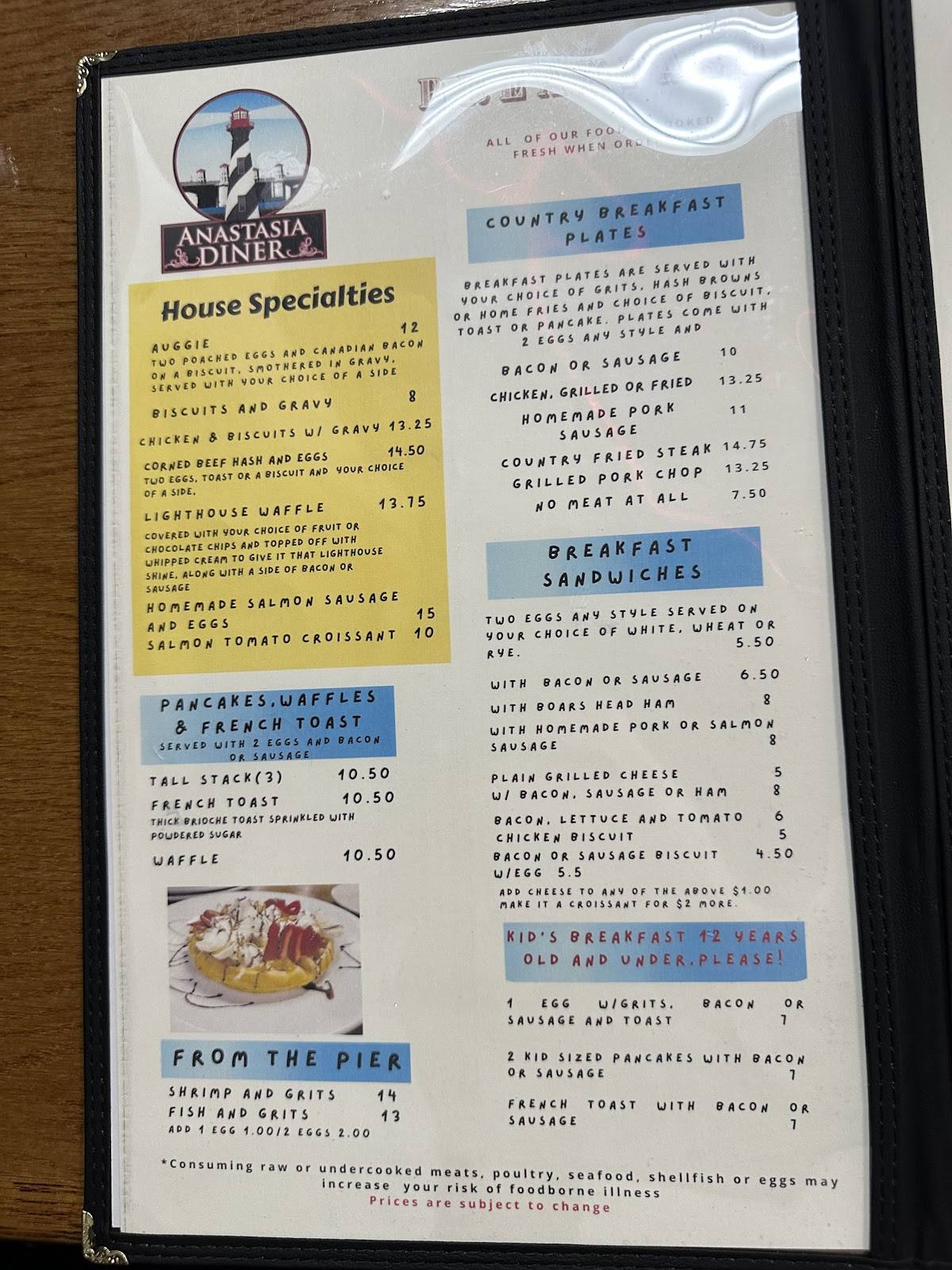 Menu at Anastasia Diner restaurant, St. Augustine