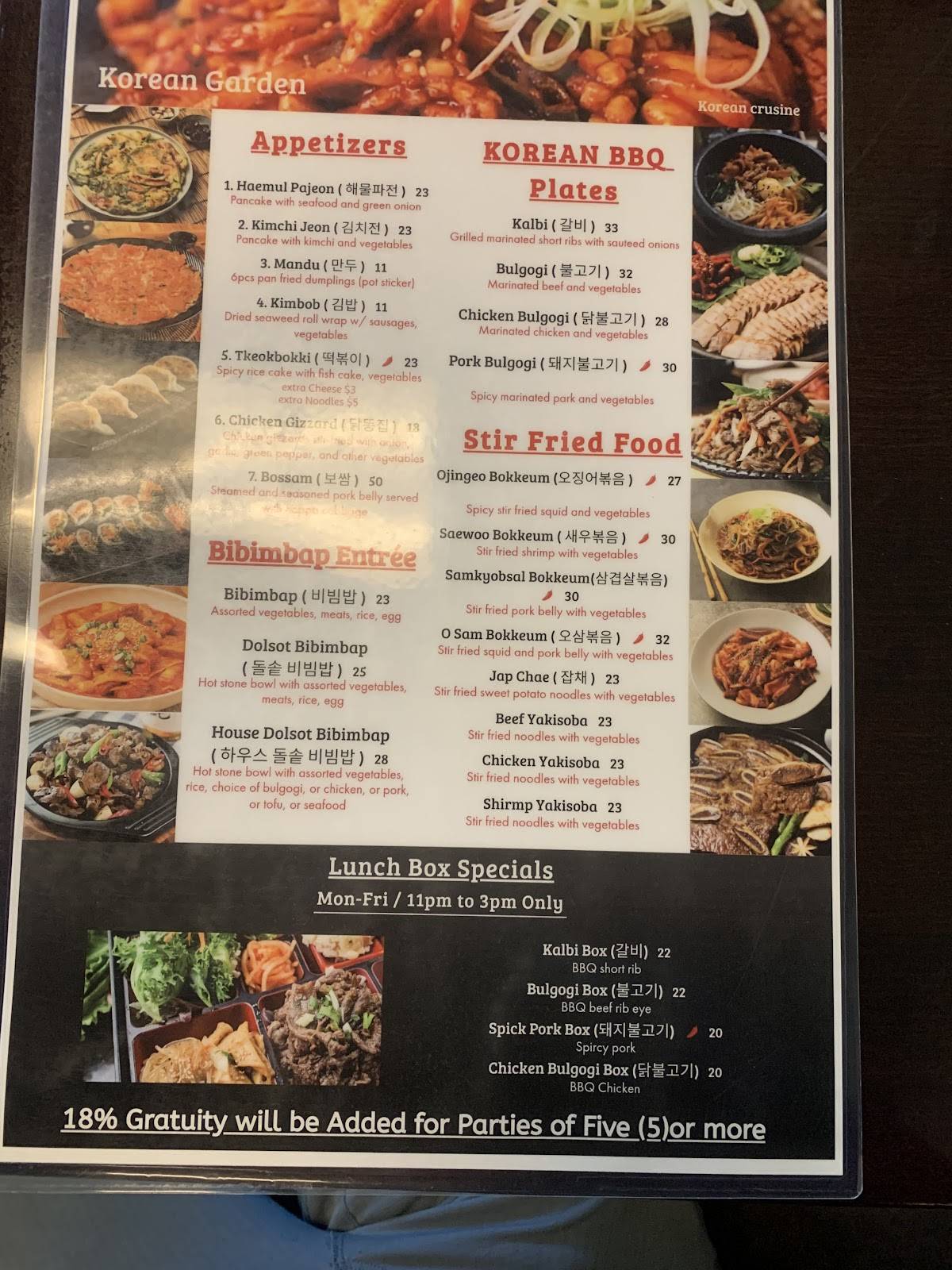 Menu at Korean Garden restaurant, Anchorage