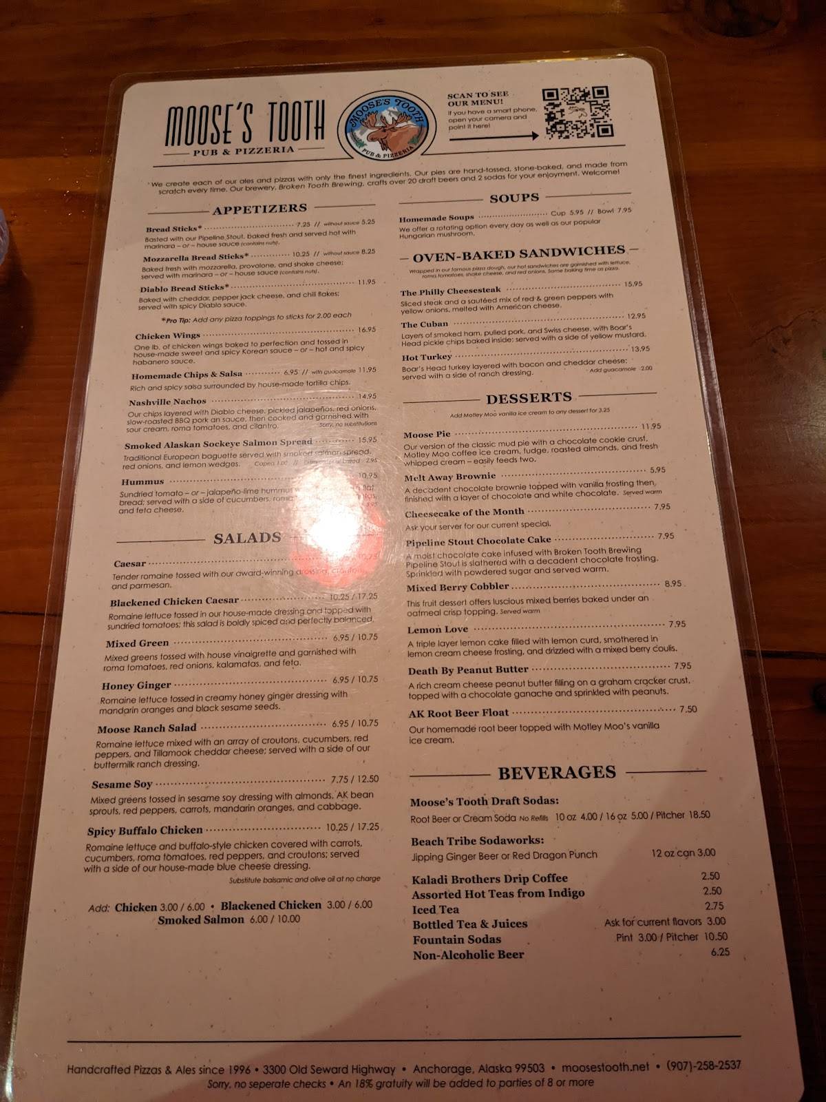 Menu at Moose's Tooth Pub & Pizzeria, Anchorage