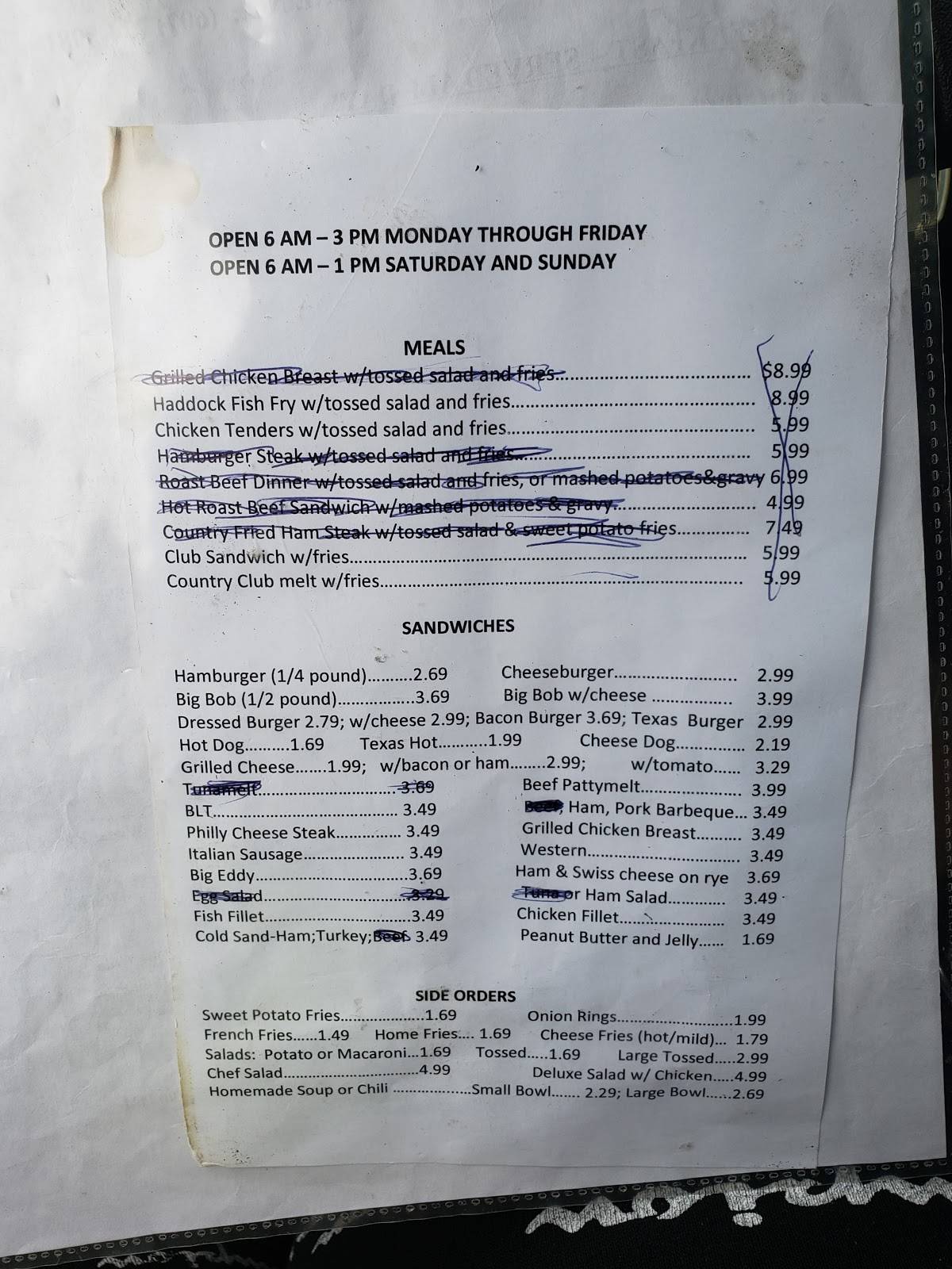Menu at Anderson's Cozy Corner restaurant, Elmira