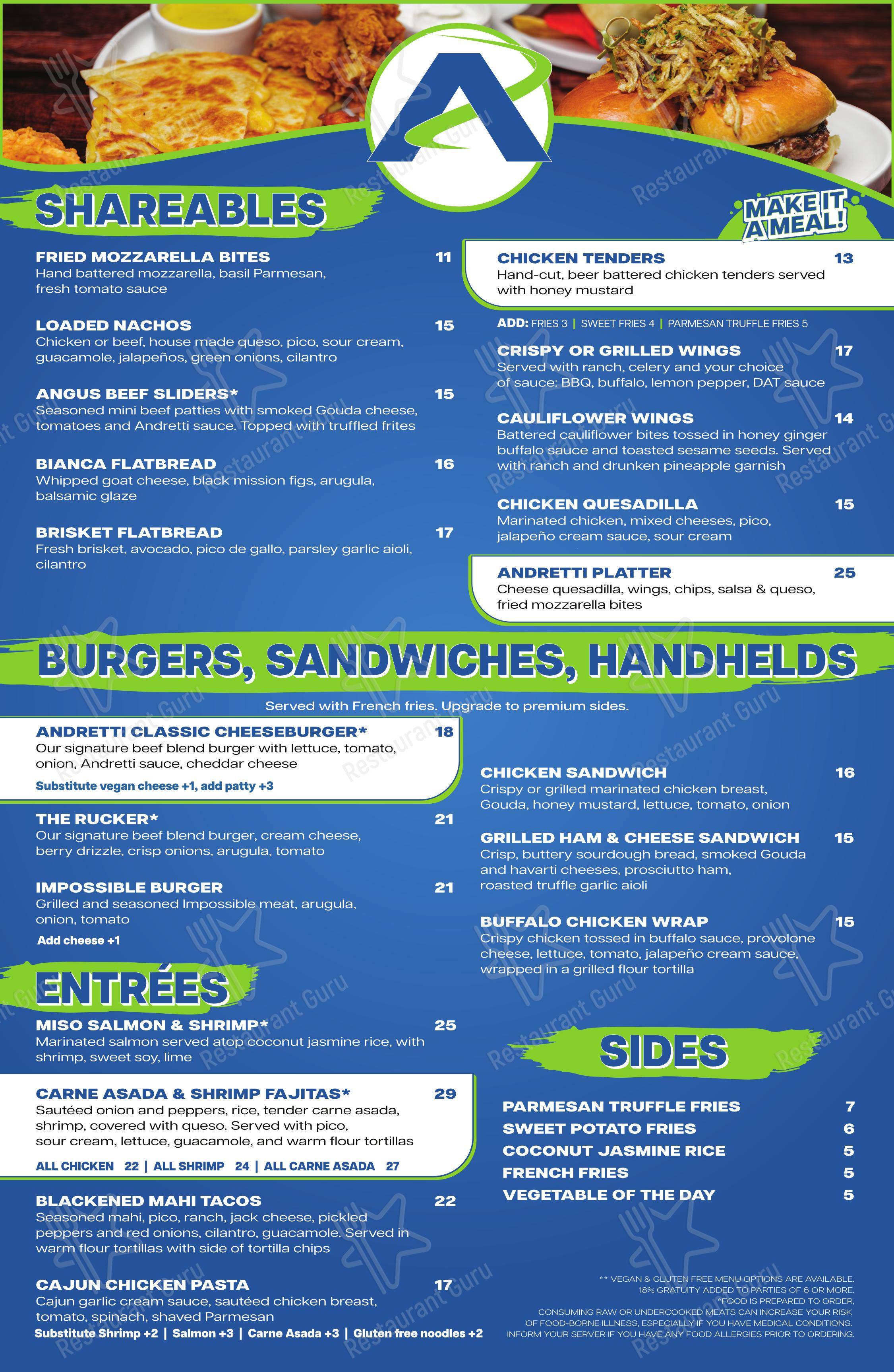 Menu at Andretti Indoor Karting & Games pub & bar, San Antonio