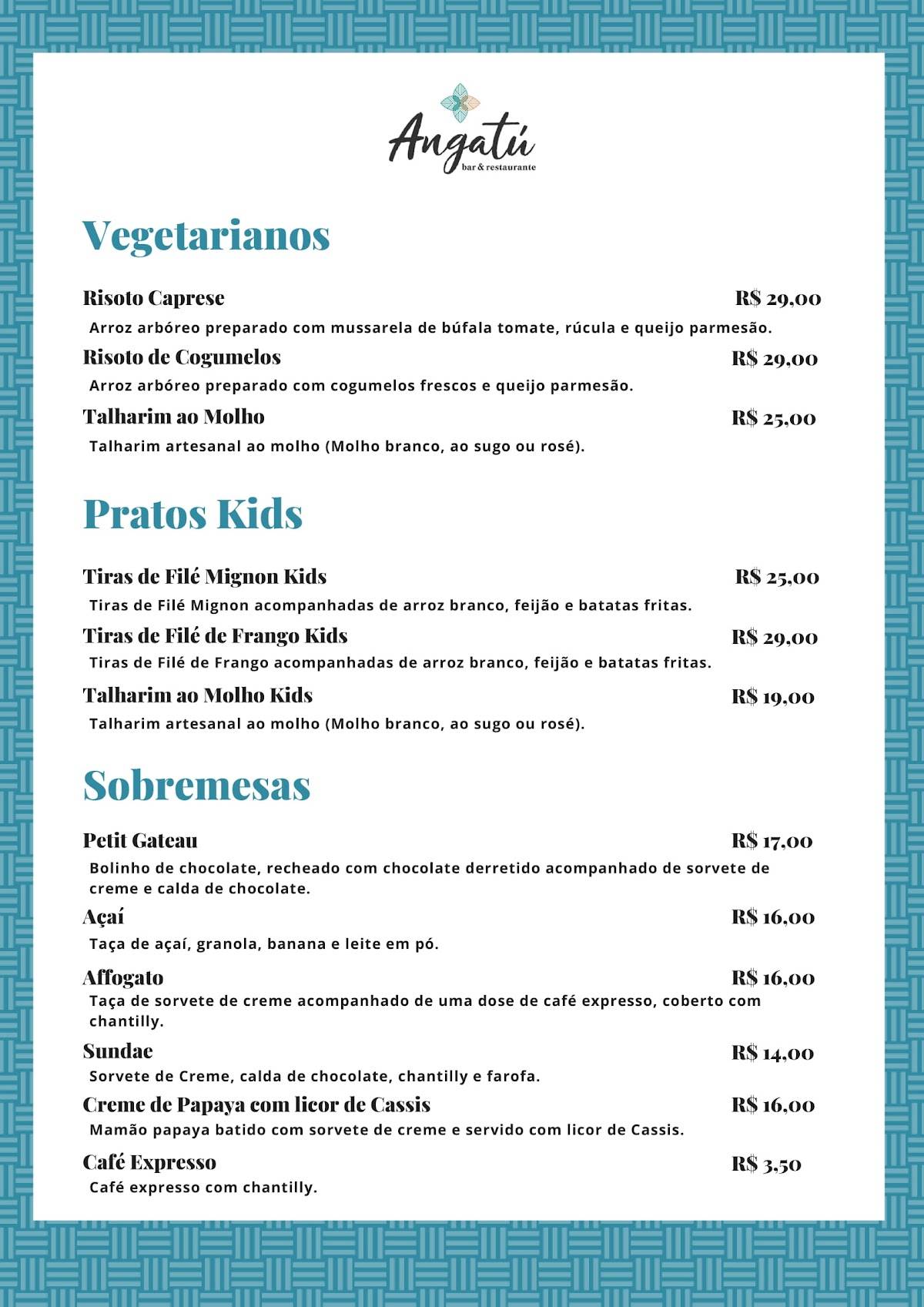 Menu at Angatú Restaurante & Bar, São Carlos