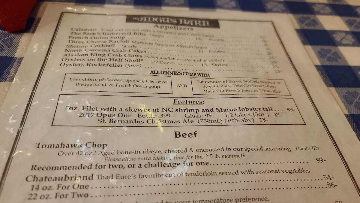 Menu at Angus Barn, Raleigh, Glenwood Ave