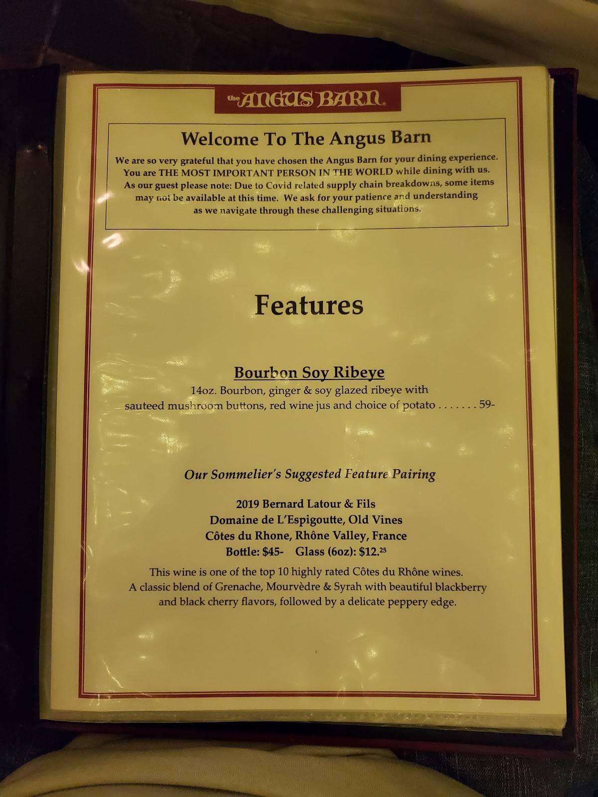 Menu at Angus Barn, Raleigh, Glenwood Ave