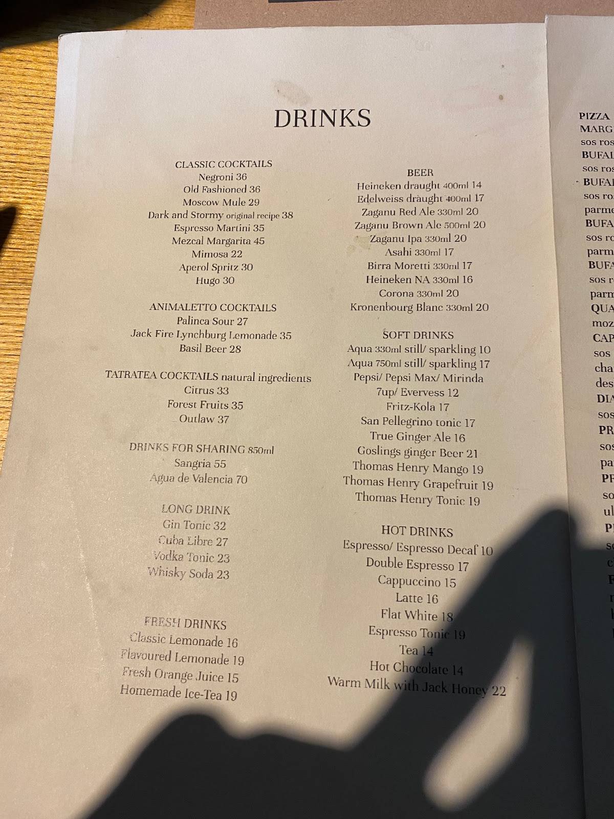 Menu at Animaletto Pizza Bar, Bucharest