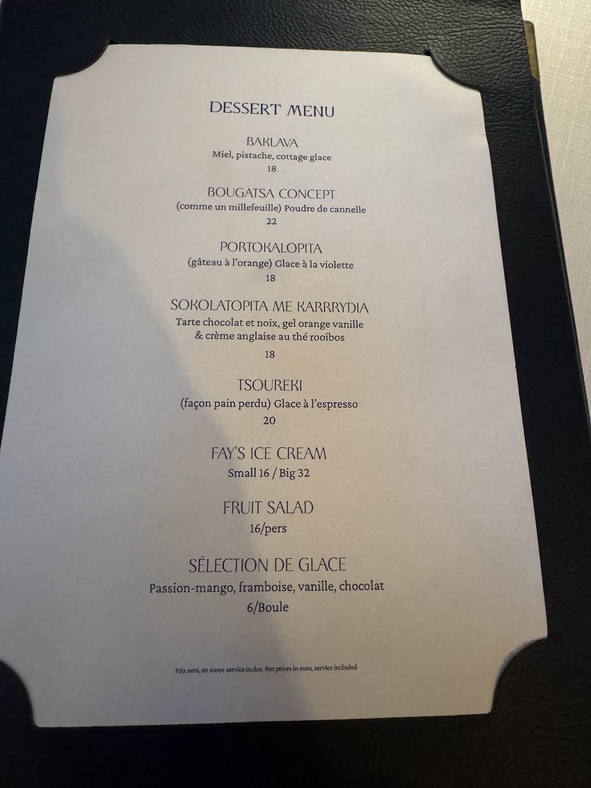 Menu at Anna Cannes restaurant, Cannes