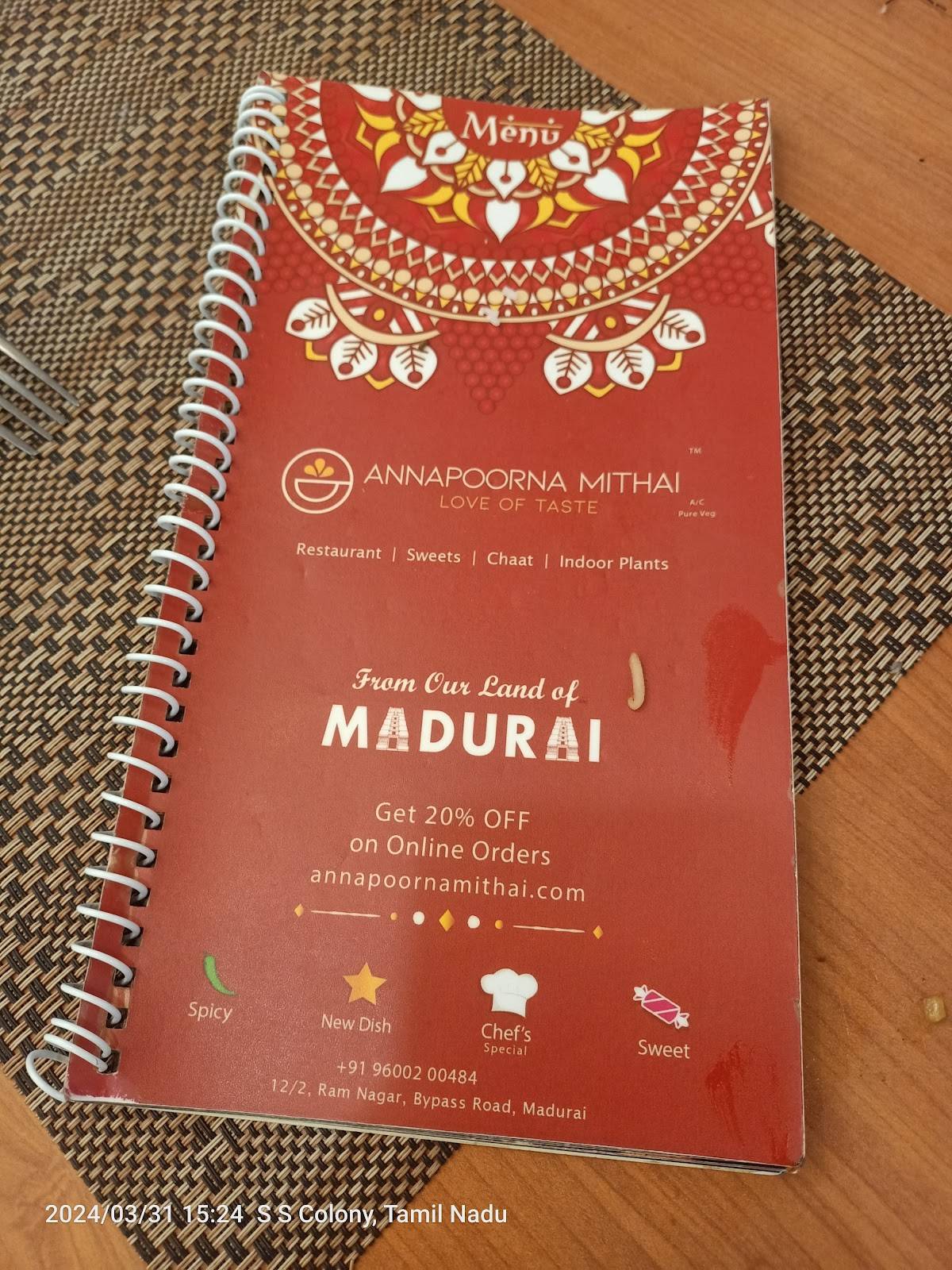 Menu at Annapoorna Mithai, Madurai, 12/2