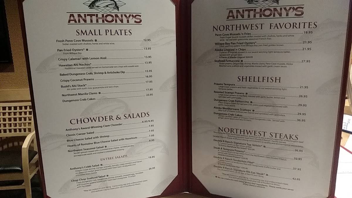 Menu at Anthony's at Spokane Falls steakhouse, Spokane