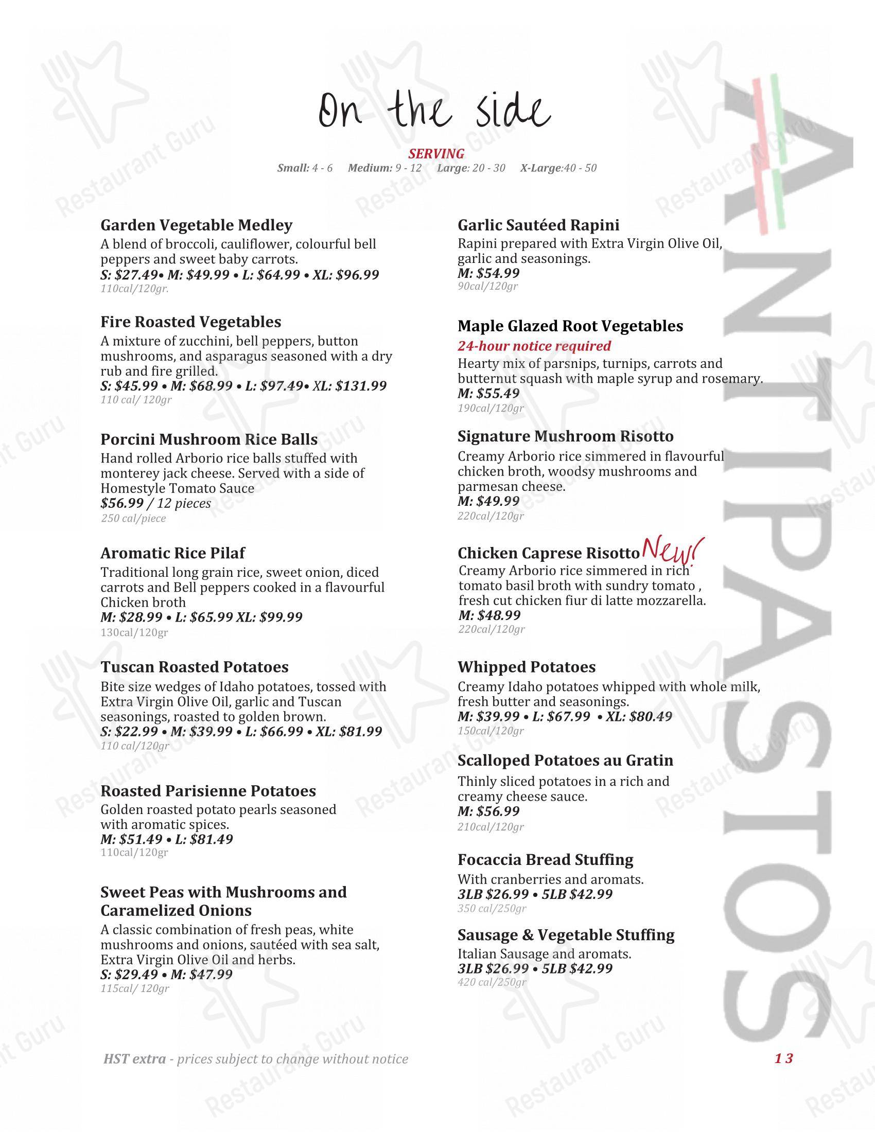 Menu at Antipastos restaurant, St. Catharines