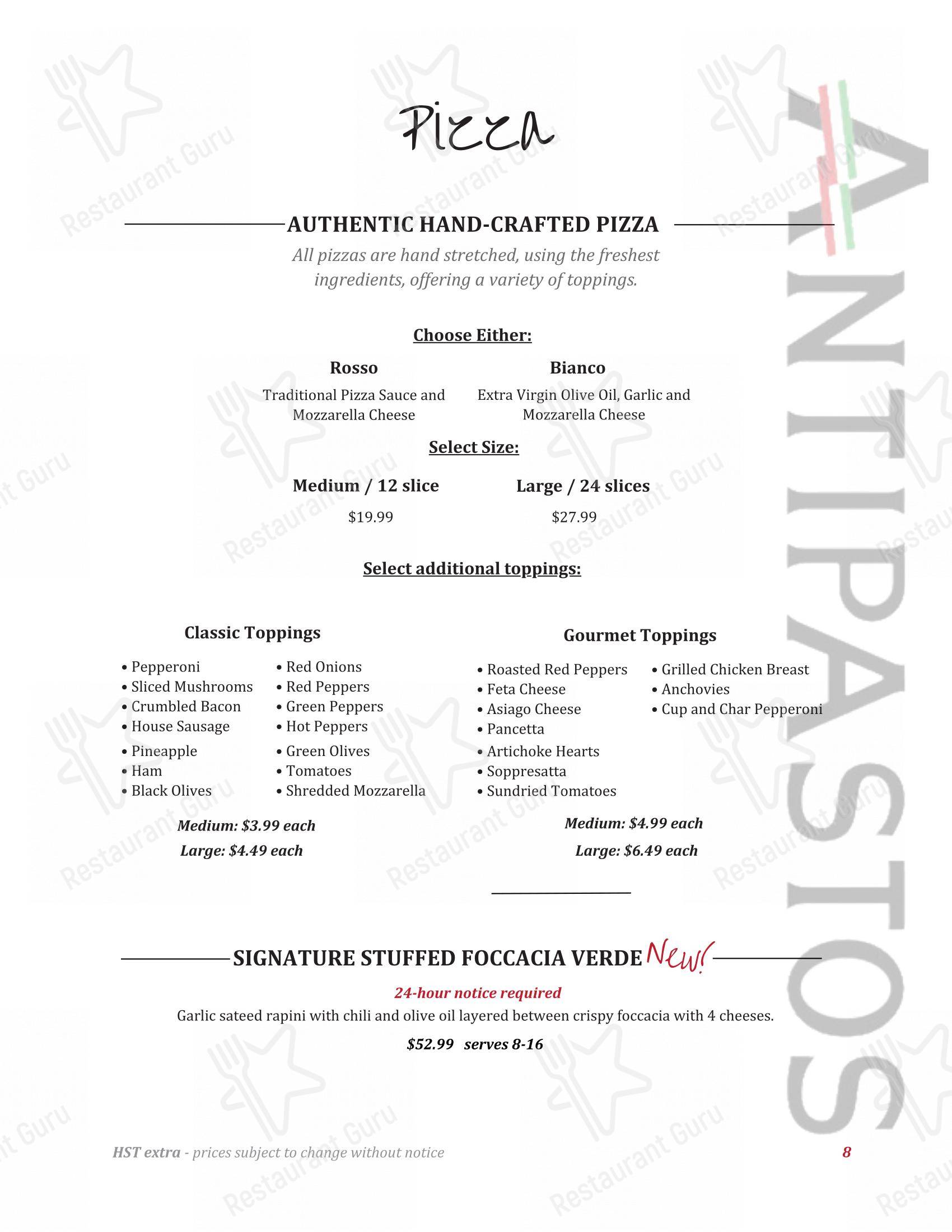 Menu at Antipastos restaurant, St. Catharines