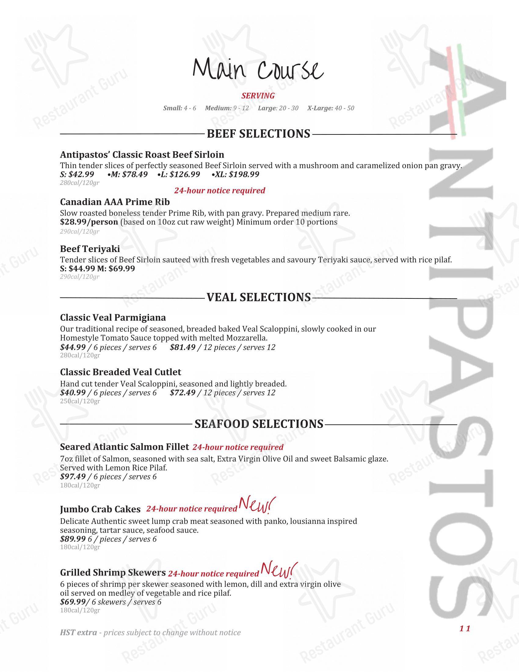 Menu at Antipastos restaurant, St. Catharines