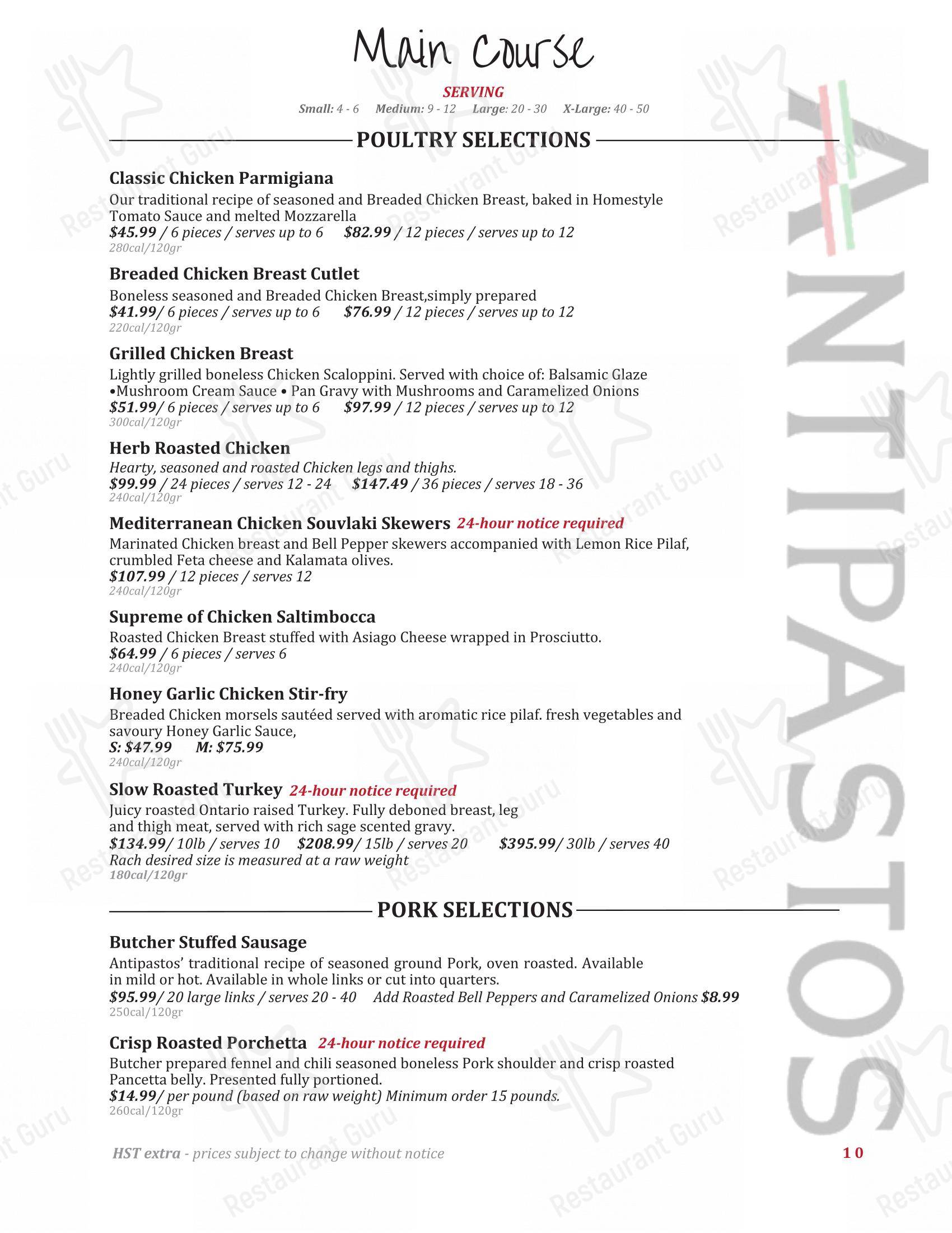 Menu at Antipastos restaurant, St. Catharines