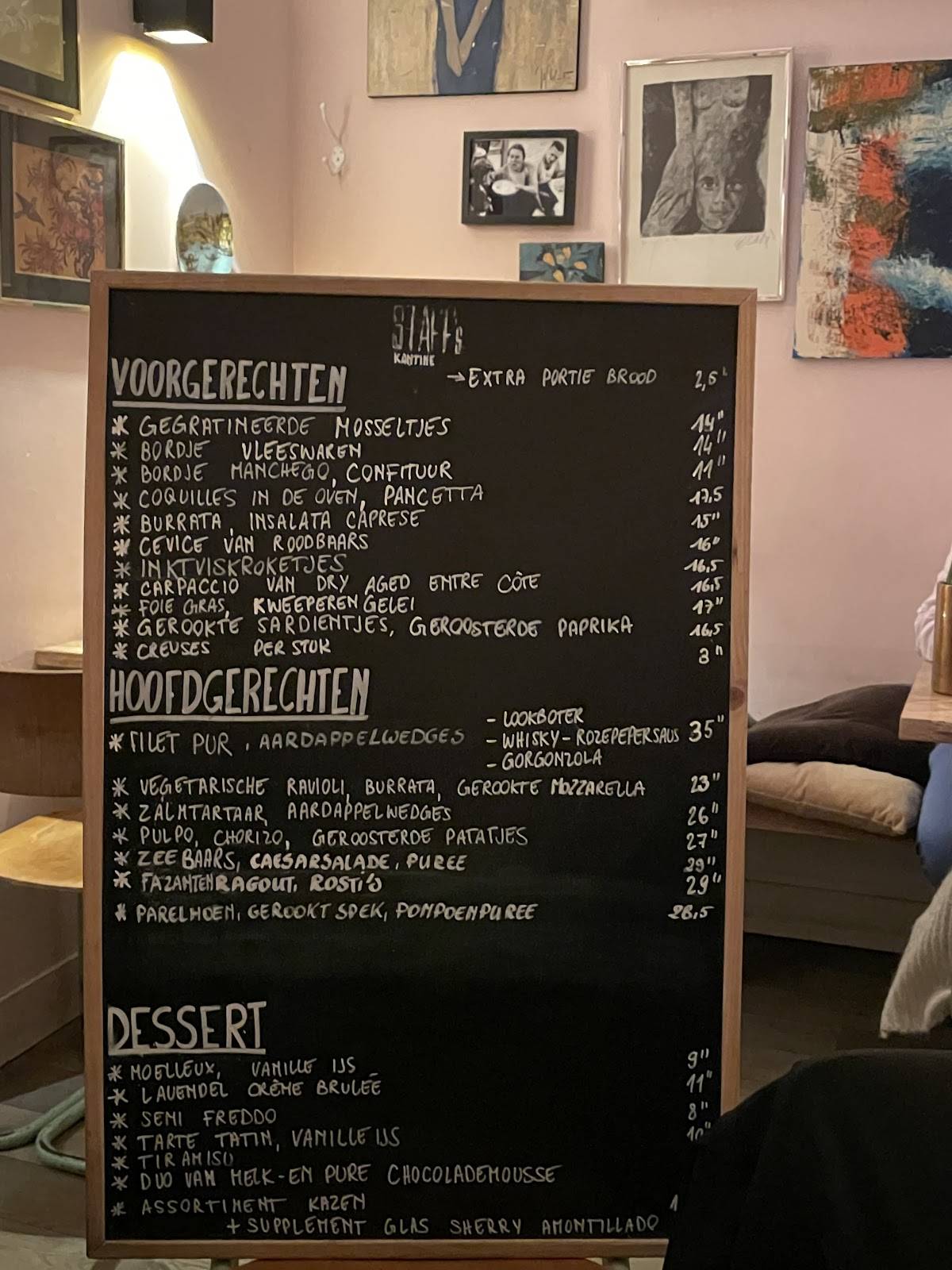 Menu at Staff’s Kantine restaurant, Antwerp, Graaf van Egmontstraat 19