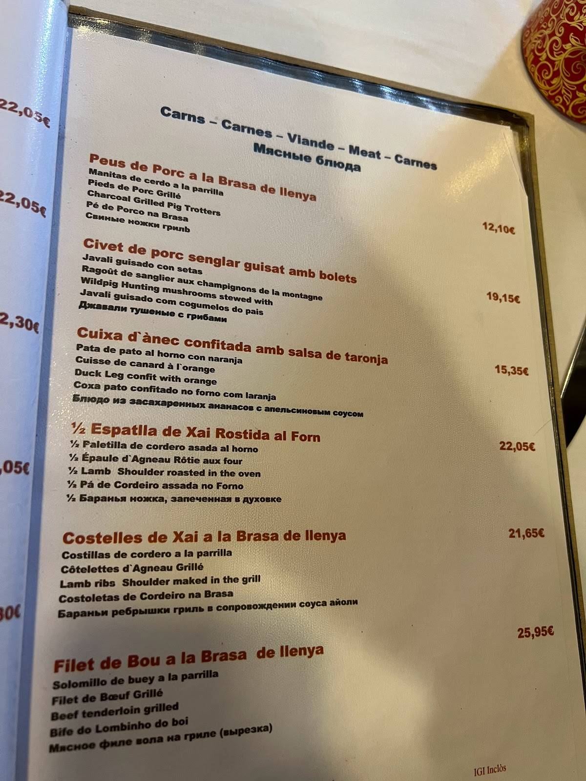 Carta de Restaurant Borda Eulari Anyos, Anyós