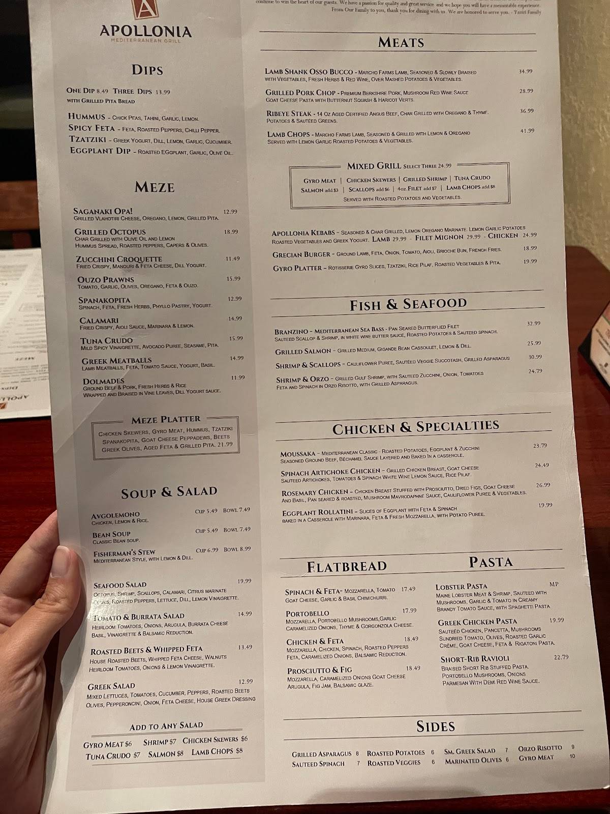 Menu at Apollonia Grill restaurant, Sarasota, Cooper Creek Blvd