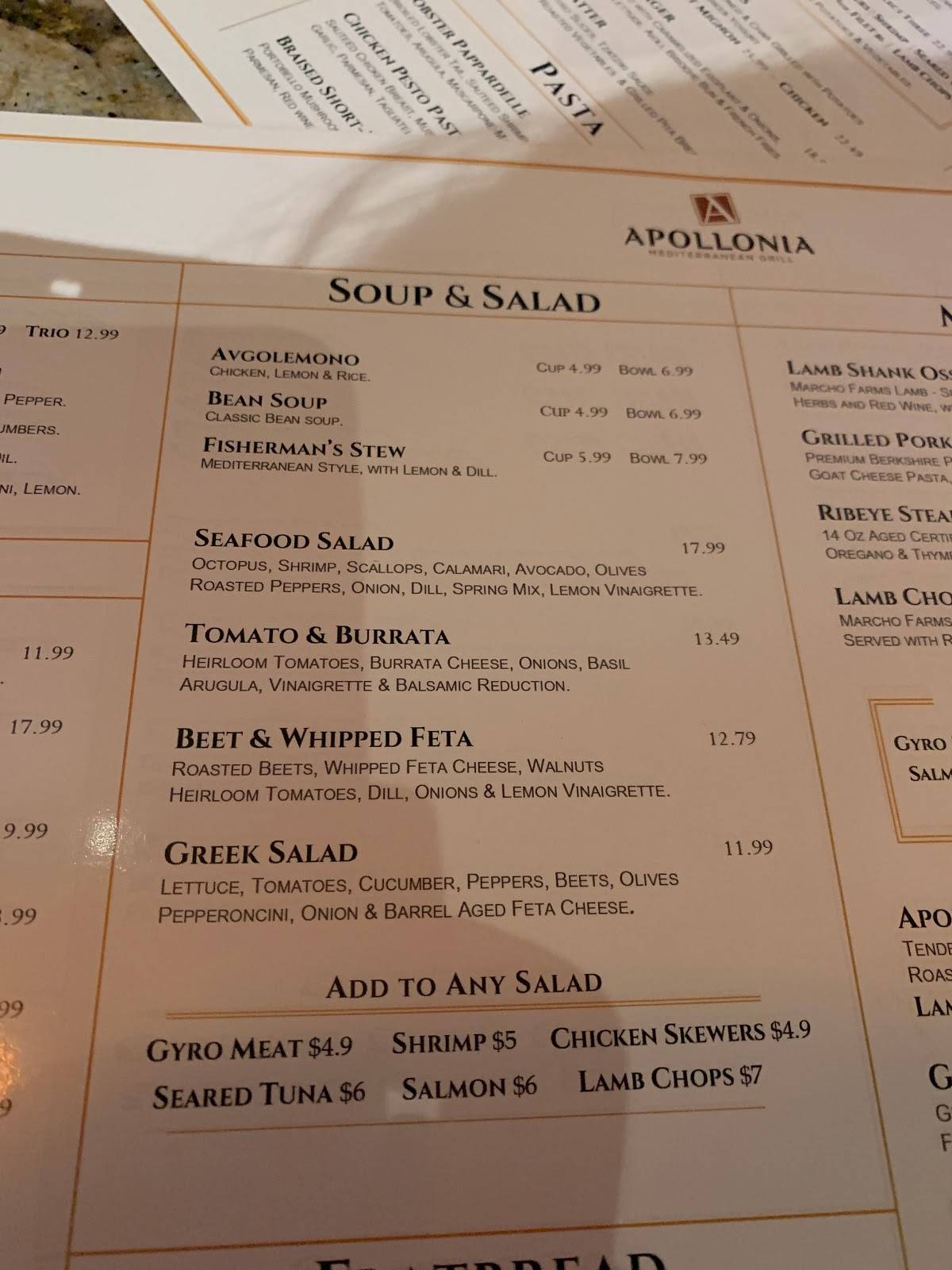 Menu at Apollonia Grill restaurant, Sarasota, Cooper Creek Blvd