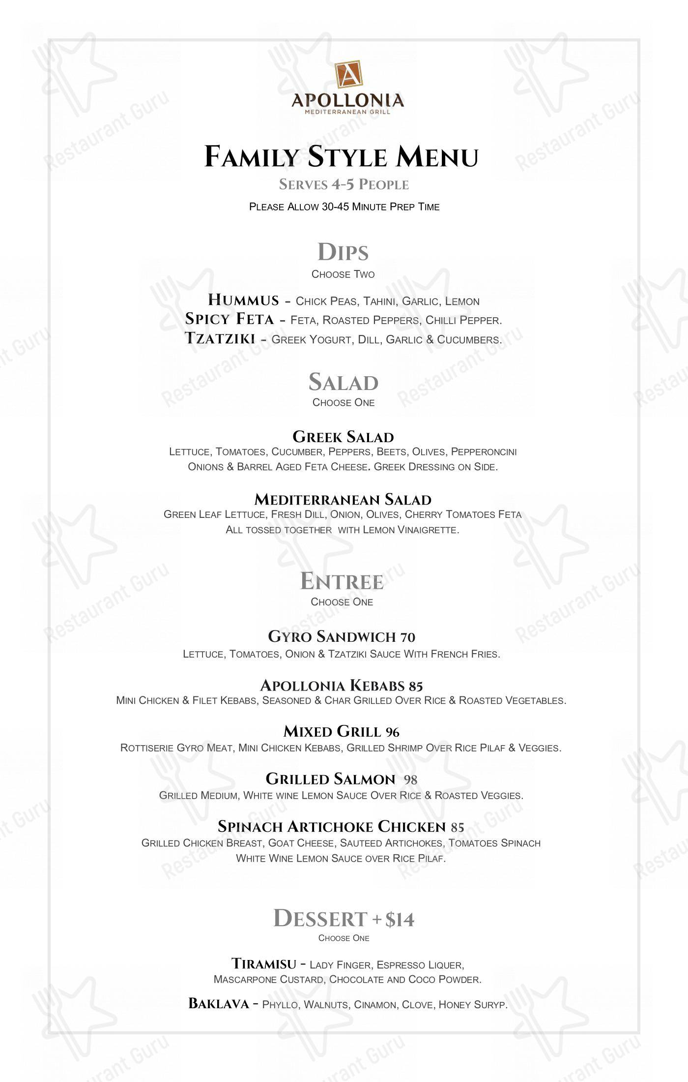 Menu at Apollonia Grill restaurant, Sarasota, Cooper Creek Blvd