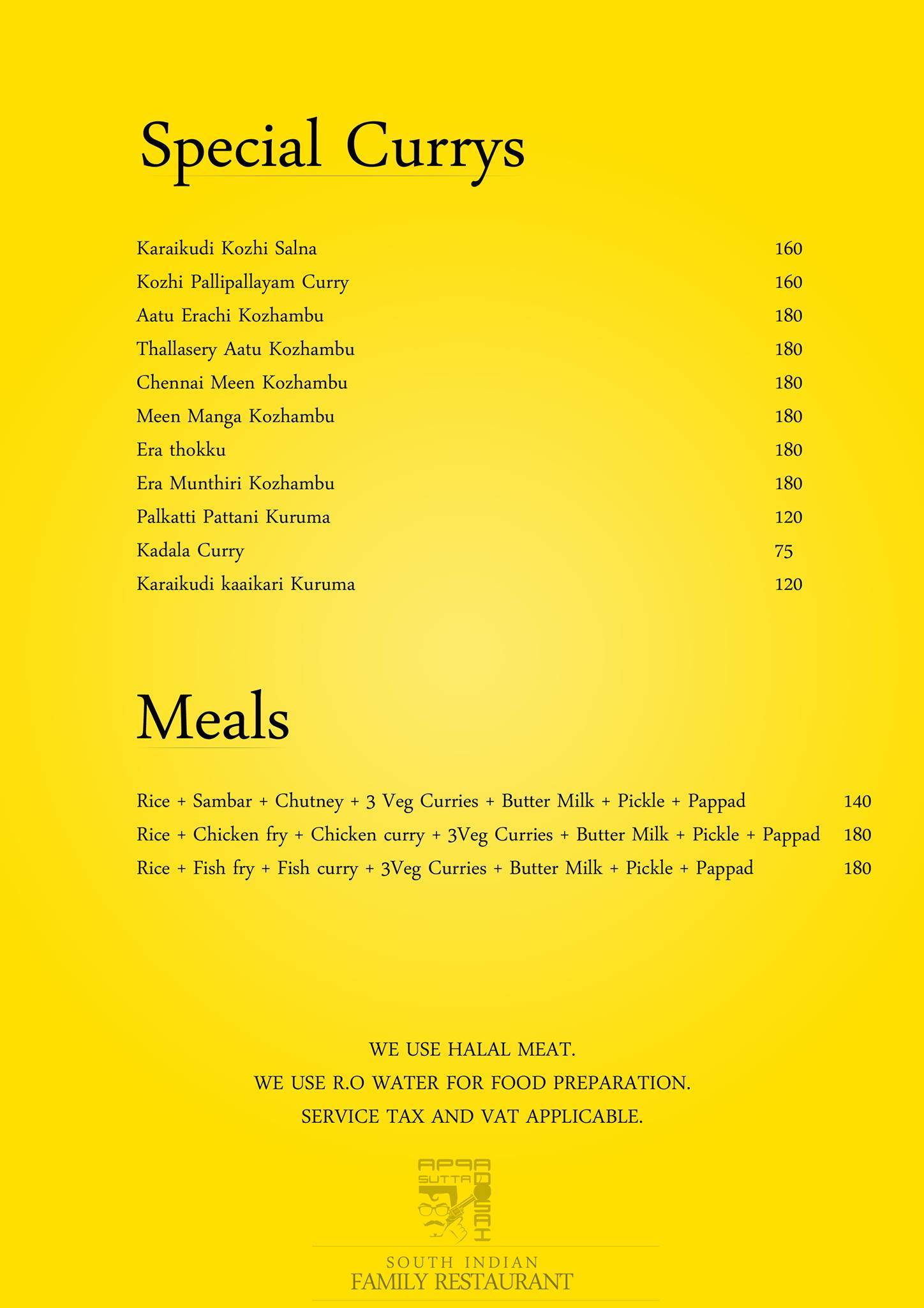 Menu at Appa Sutta Dosai, Chennai, Velachery