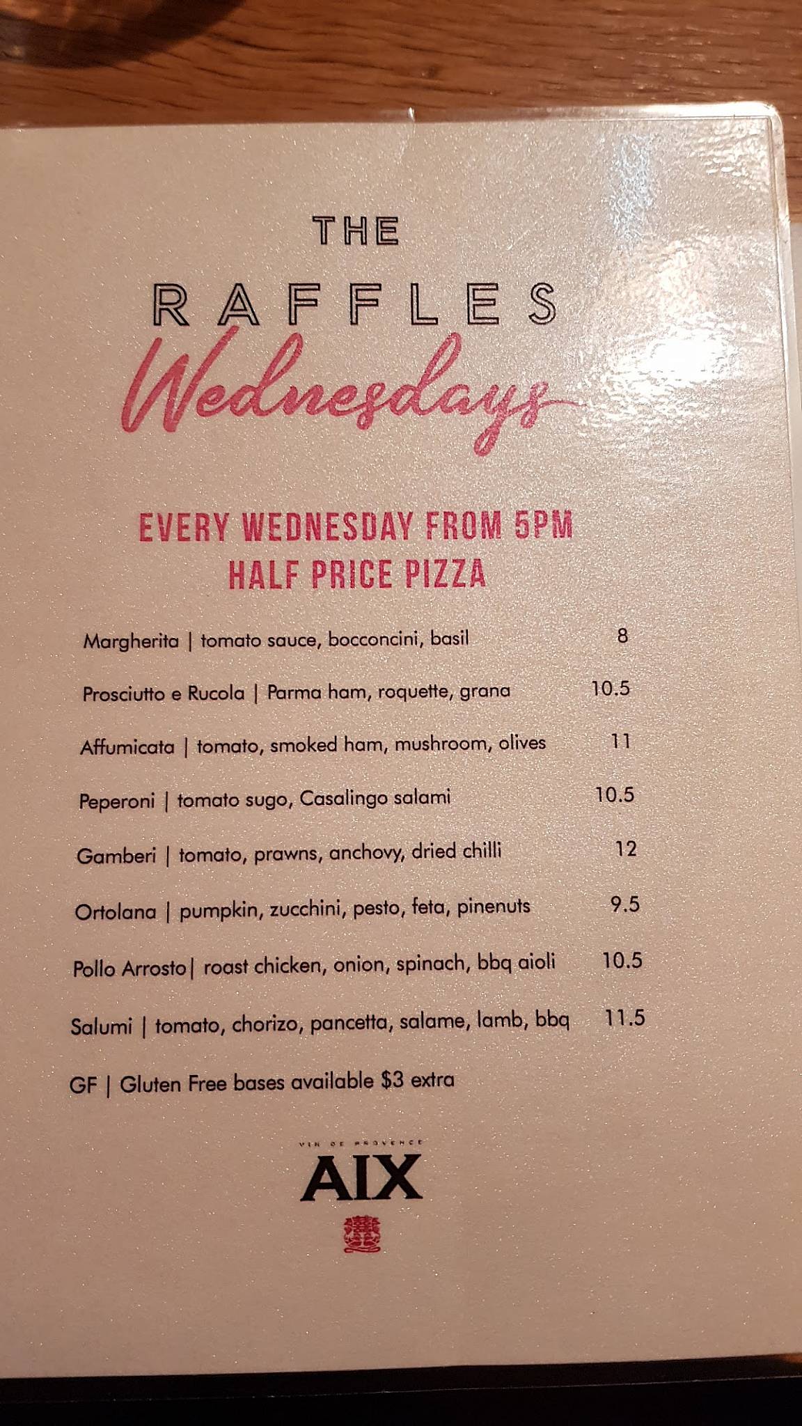 Menu at Raffles Hotel pub & bar, Applecross, 70-72 Canning Beach Rd