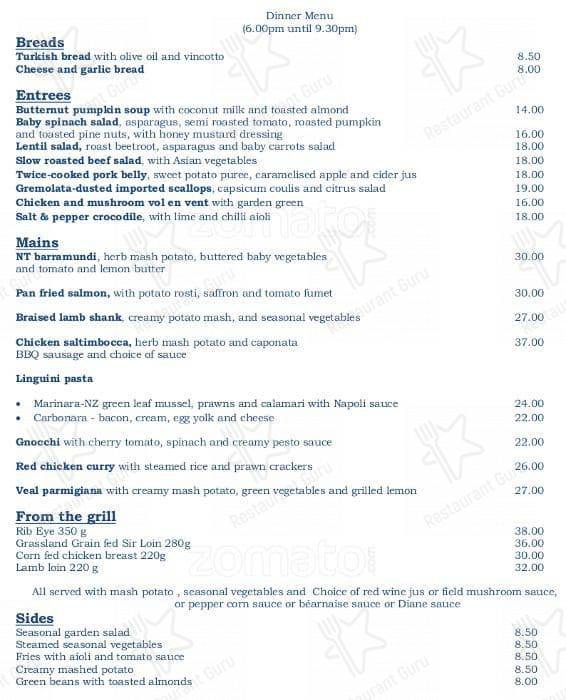 Menu at Aqua restaurant, Darwin City
