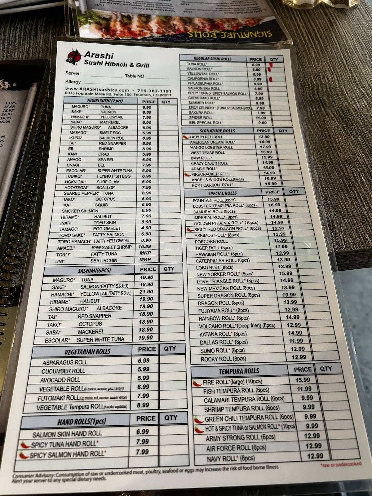 Menu at Arashi Sushi Hibachi & Grill restaurant, Fountain