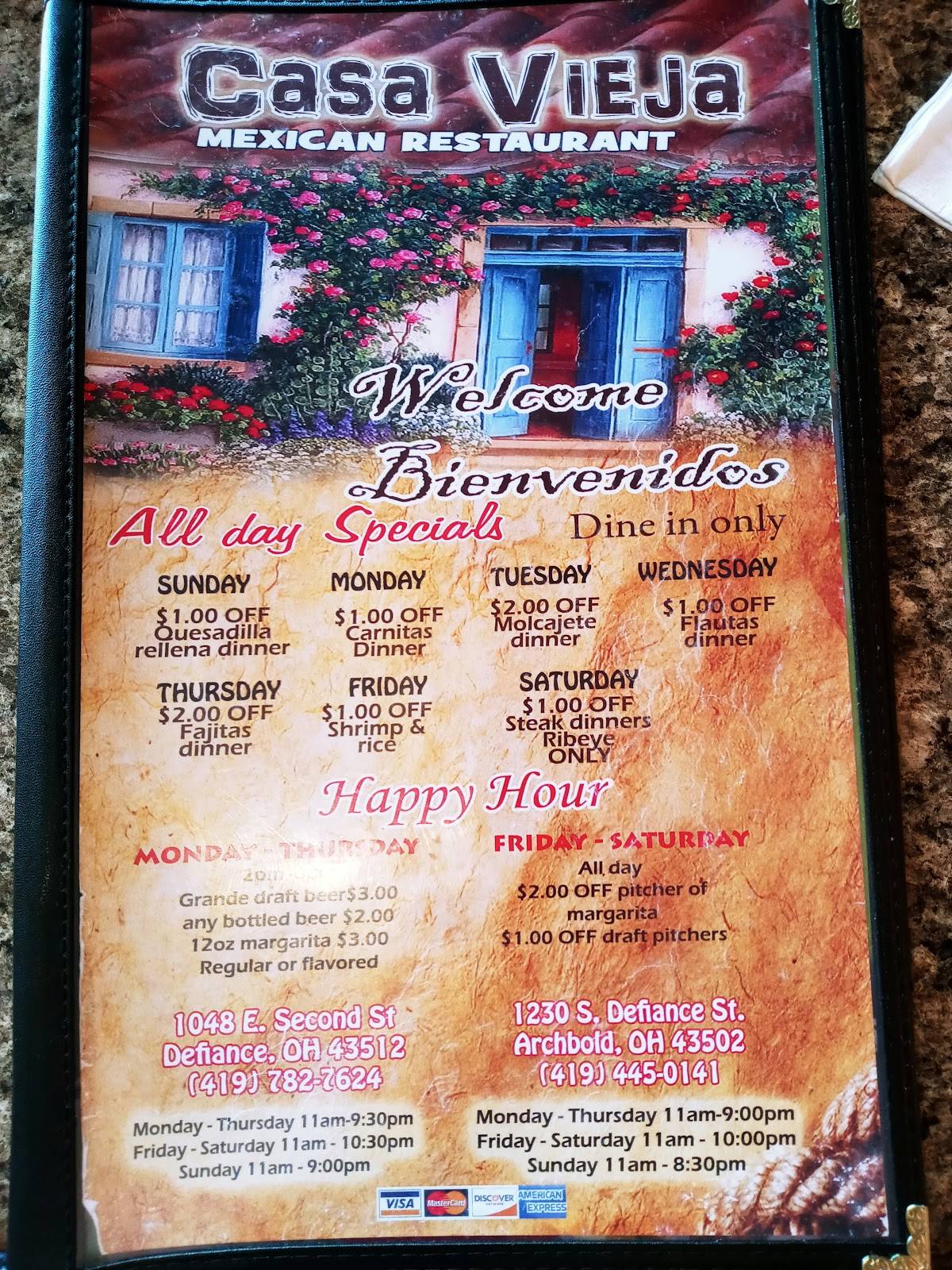 Menu at Casa Vieja restaurant, Archbold