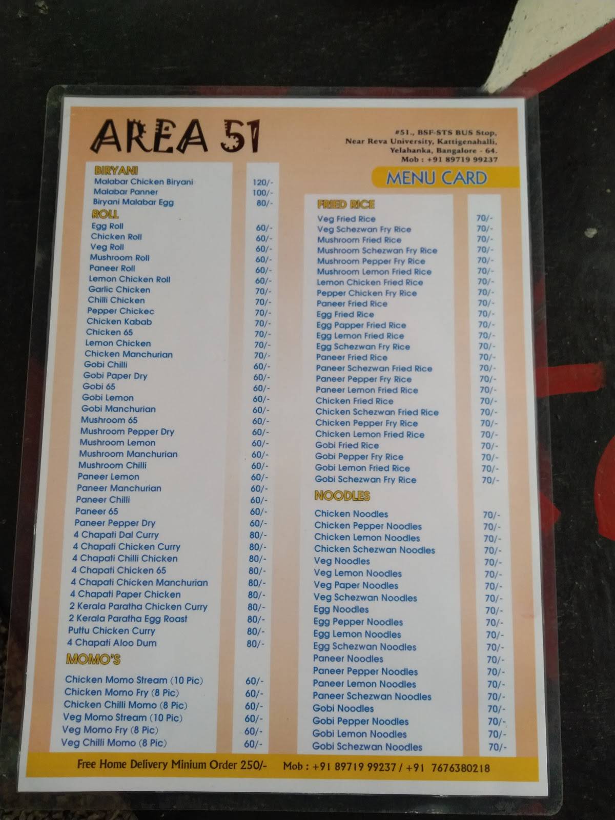 Menu at Area 51 Cafè, Bengaluru