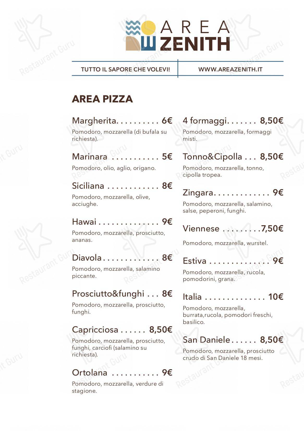 Menu da Area Zenith ristorante, Bibione
