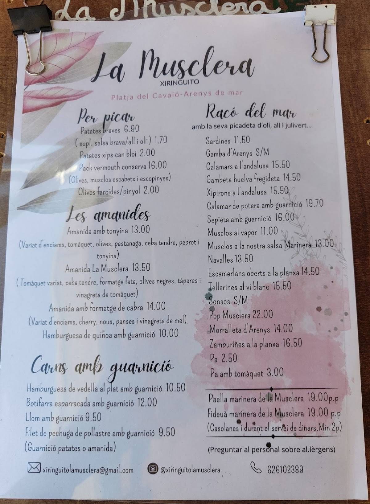 Carta del restaurante Xiringuito La Musclera, Arenys del Mar, Platja ...