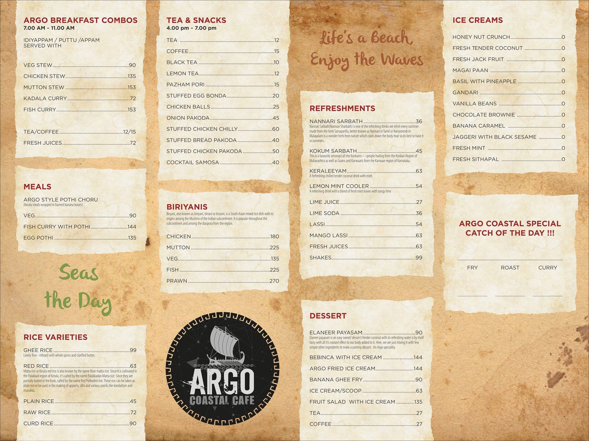 Menu at Argo Coastal Cafe, Kannur
