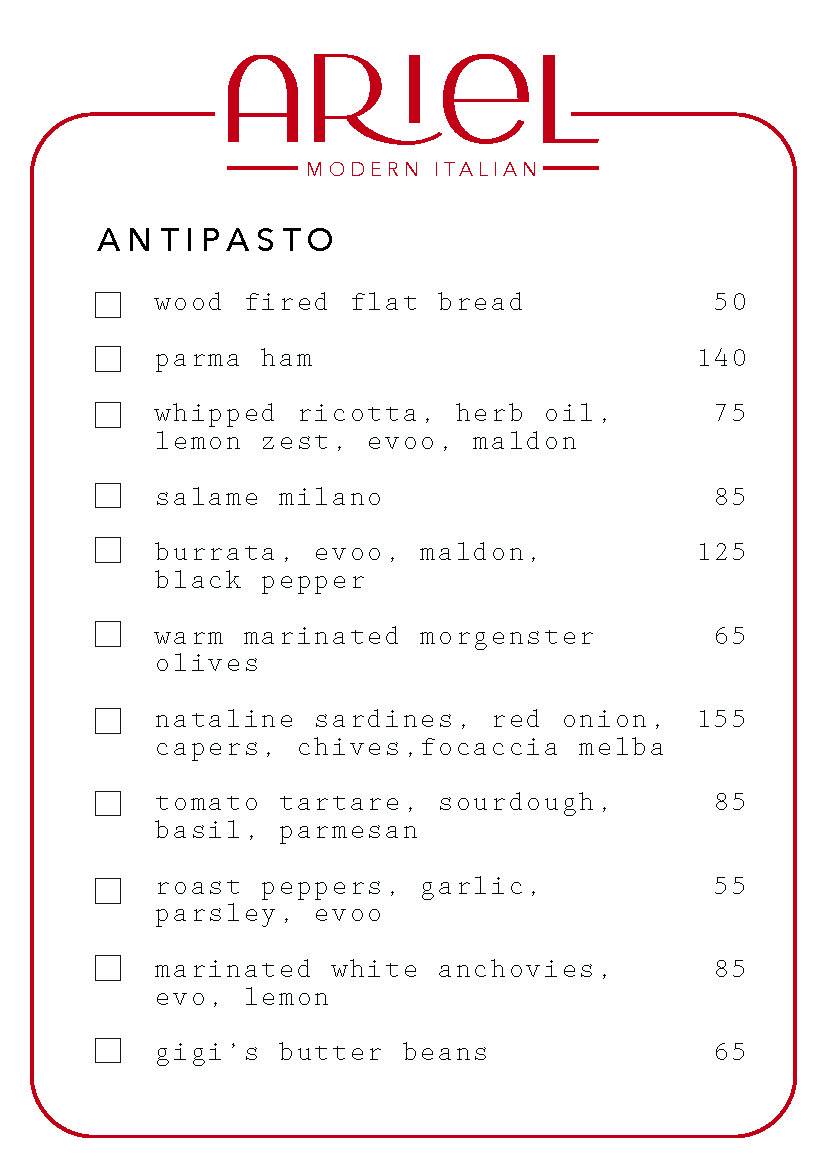 Menu at Ariel Modern Italian restaurant, Cape Town