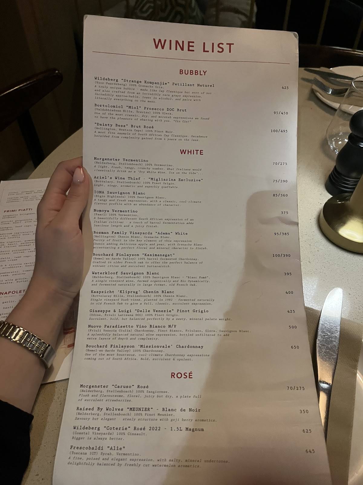 Menu at Ariel Modern Italian restaurant, Cape Town