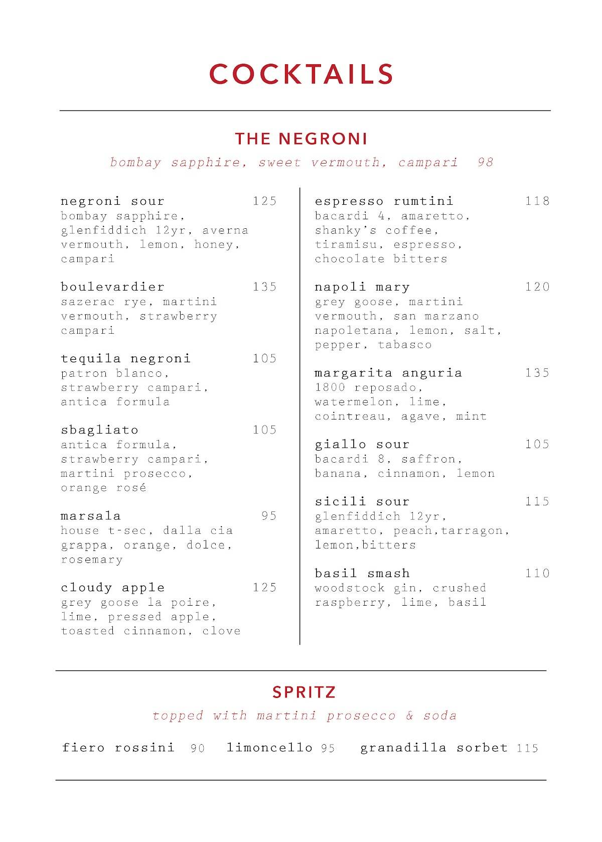Menu at Ariel Modern Italian restaurant, Cape Town