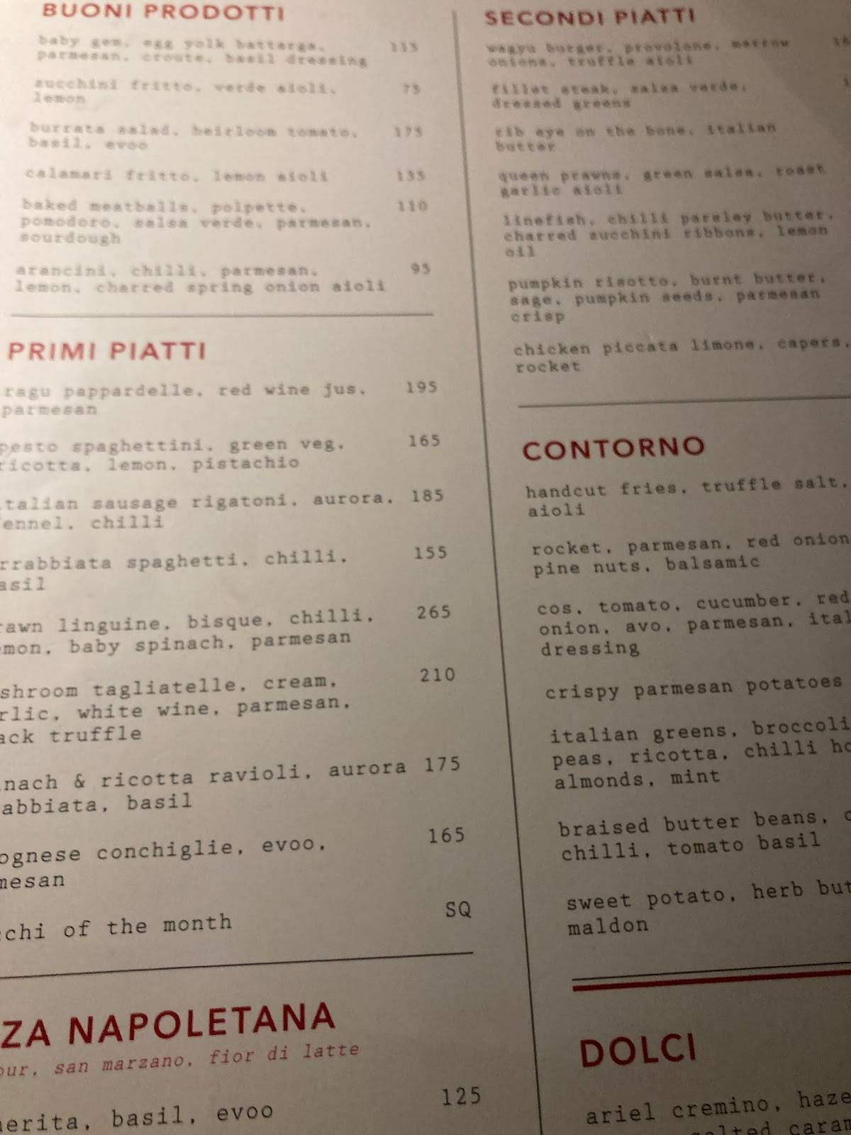 Menu at Ariel Modern Italian restaurant, Cape Town