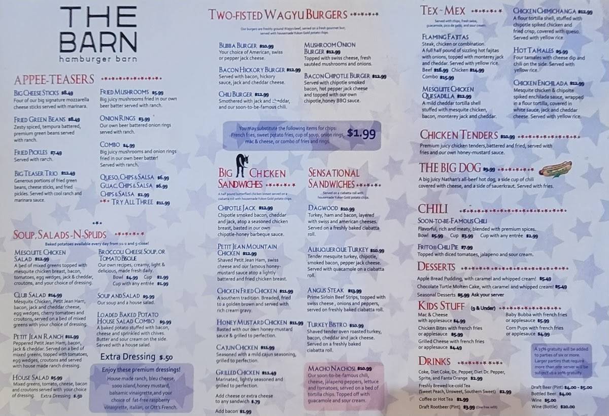 Menu at Hamburger Barn, Arkadelphia