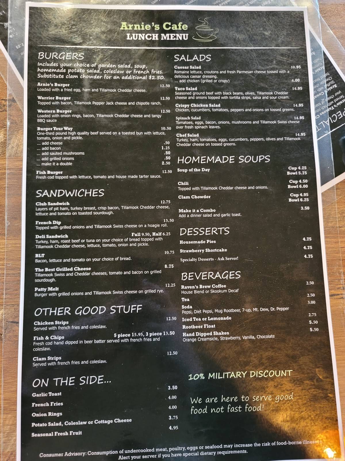 Menu at Arnie's Cafe, Warrenton
