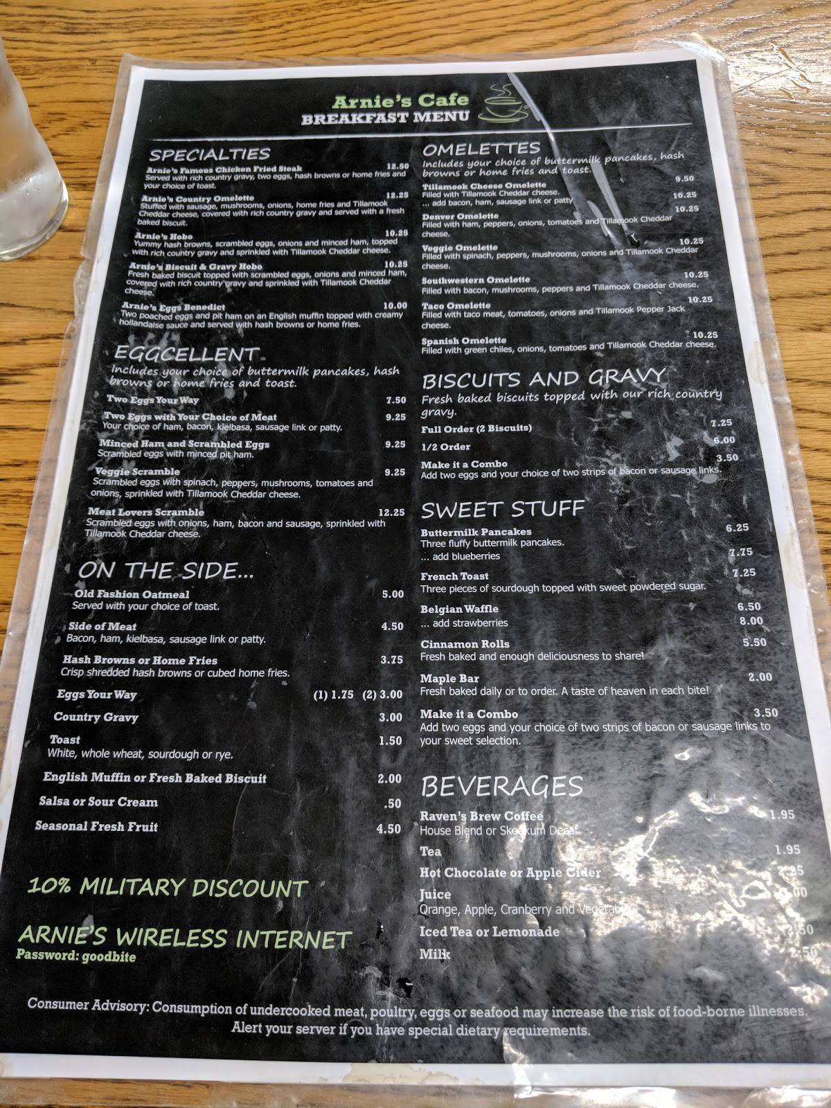 Menu at Arnie's Cafe, Warrenton