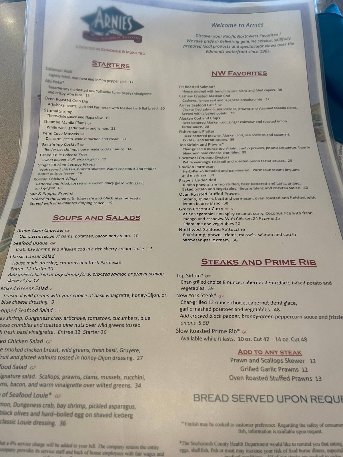 Menu at Arnies Restaurant Edmonds, Edmonds