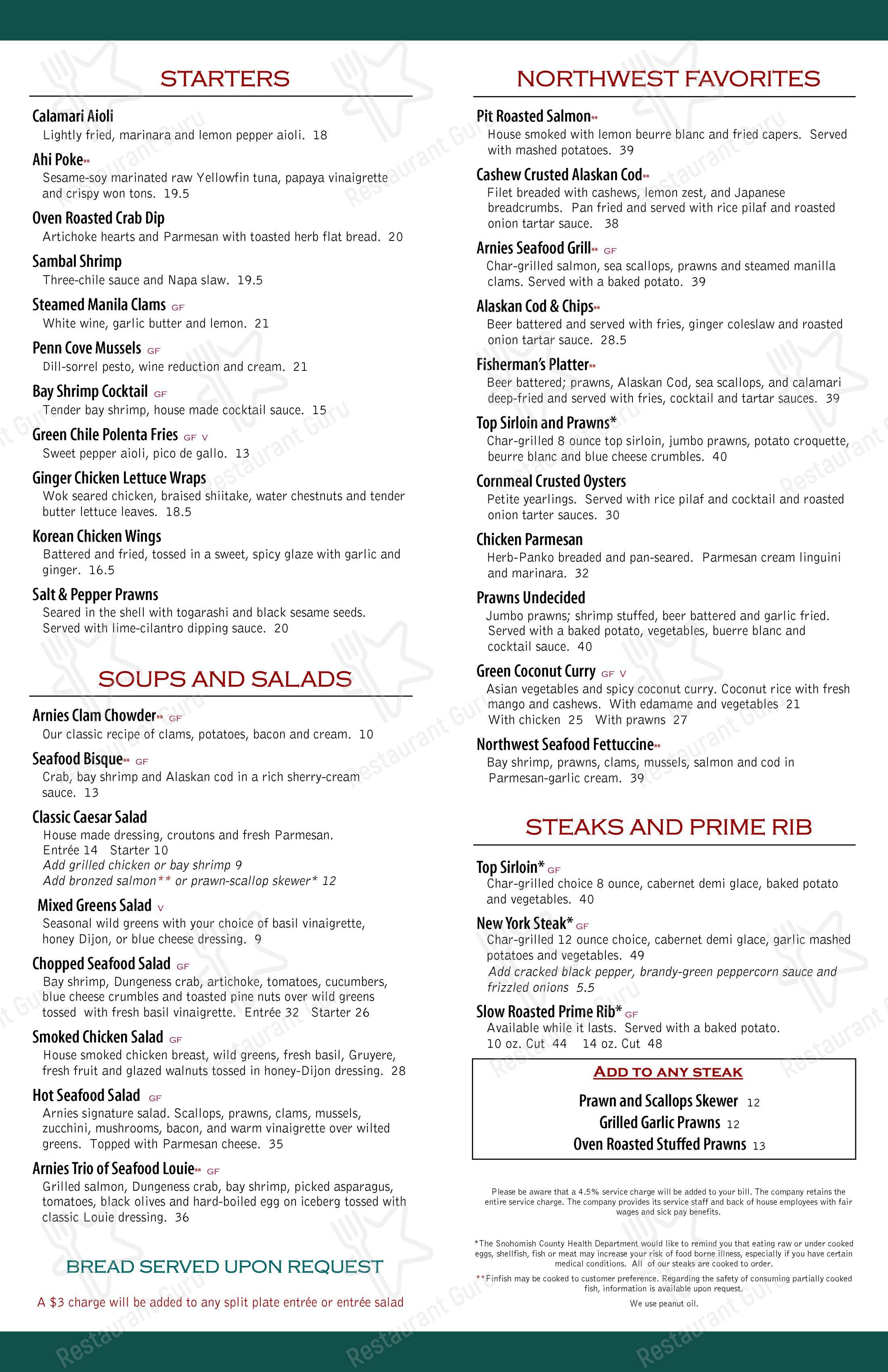 Menu at Arnies Restaurant Edmonds, Edmonds
