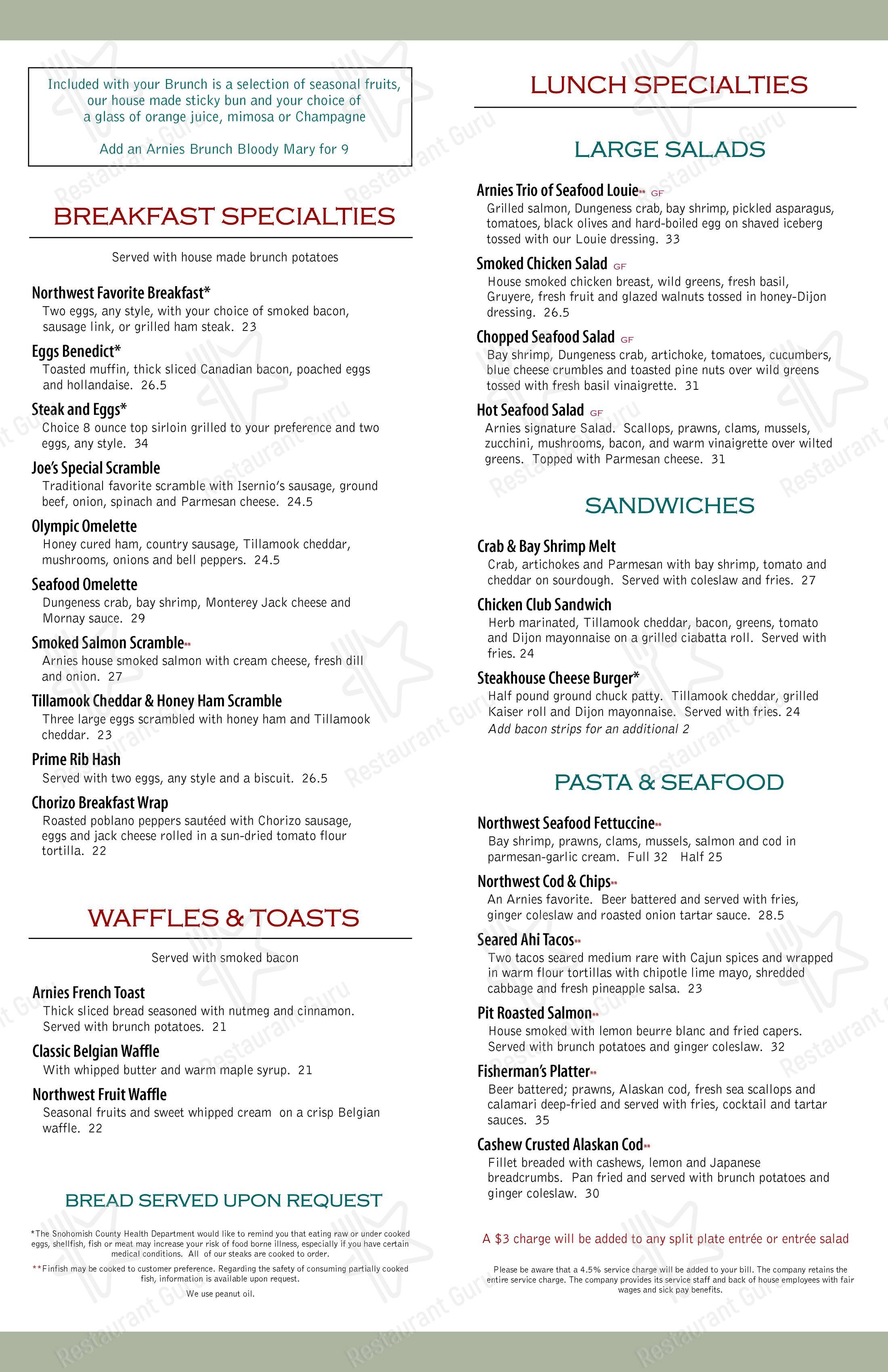 Menu at Arnies Restaurant Edmonds, Edmonds