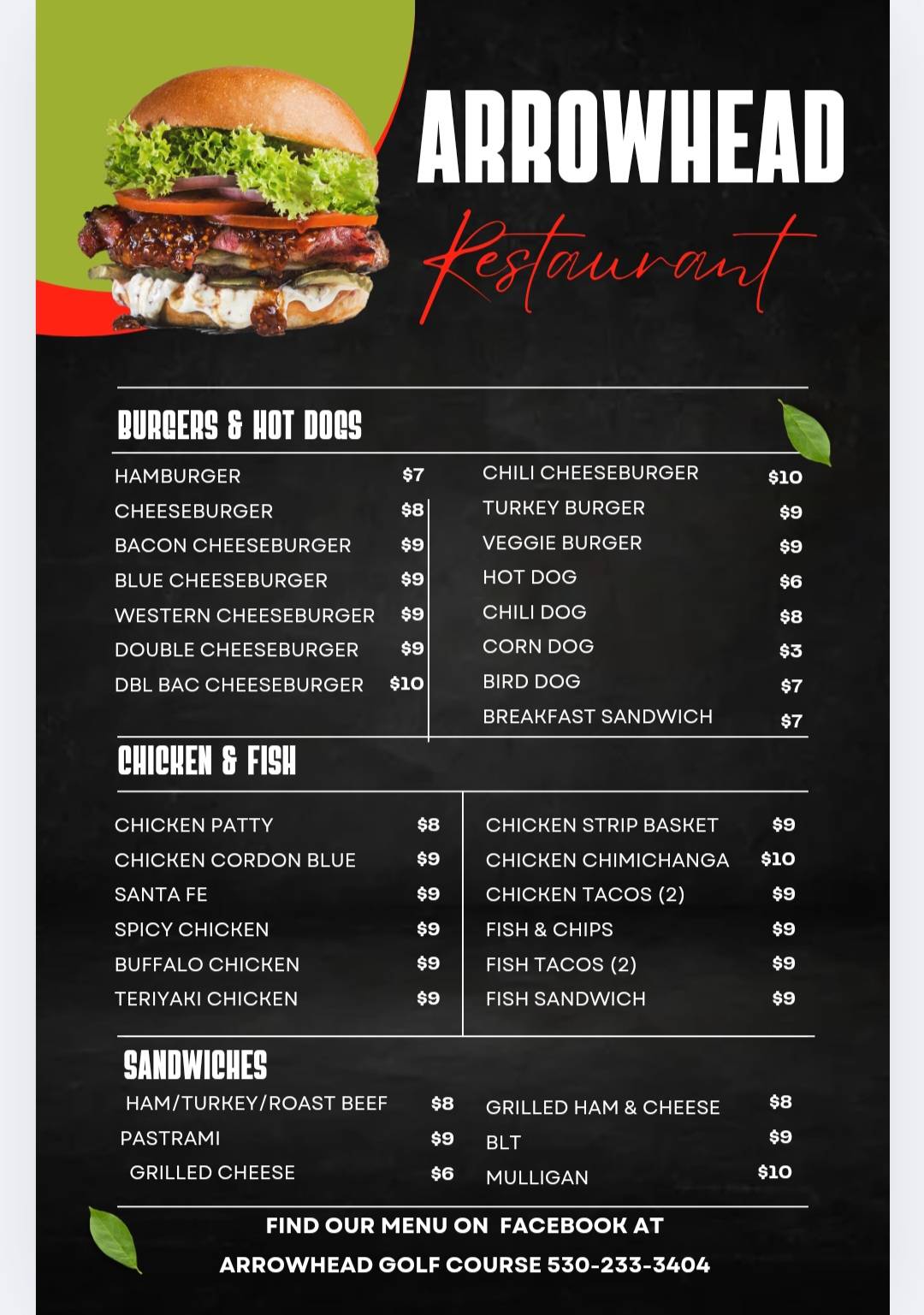 Menu at Arrowhead Golf Course & Restaurant, Alturas