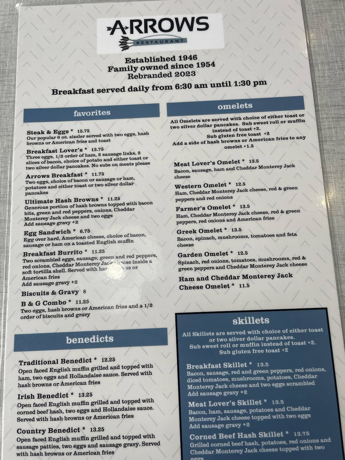 Menu at Arrows Restaurant, Hudsonville, 32nd Ave