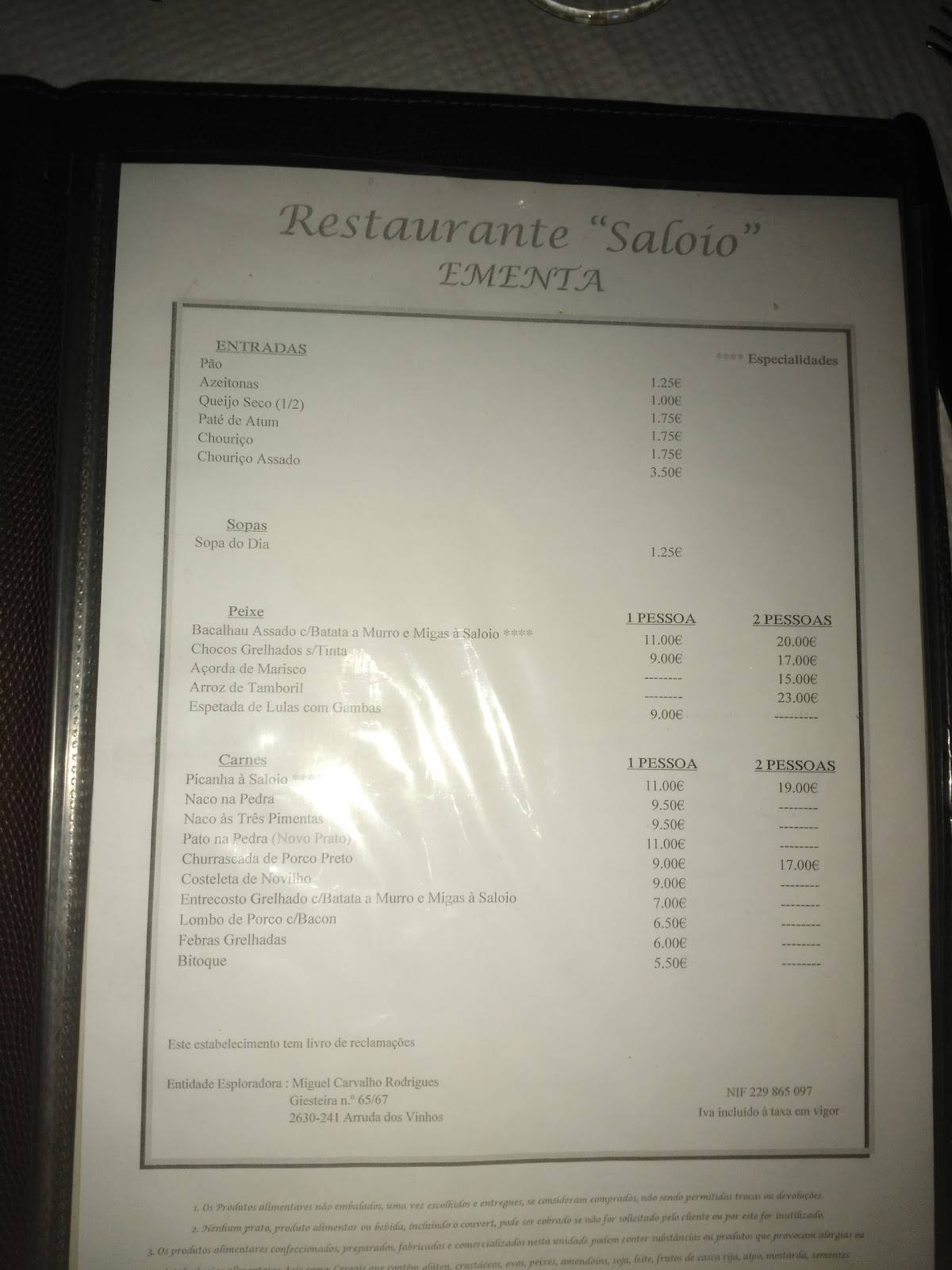 Menu em Restaurante O Saloio, Arruda dos Vinhos