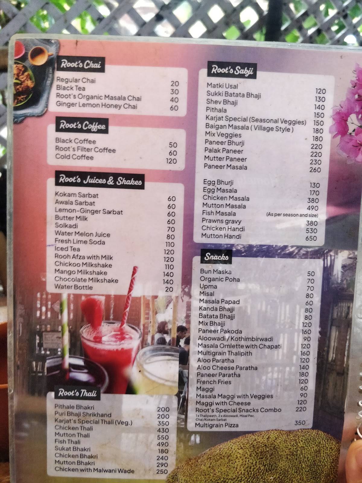 Menu at Roots Art Cafe, India