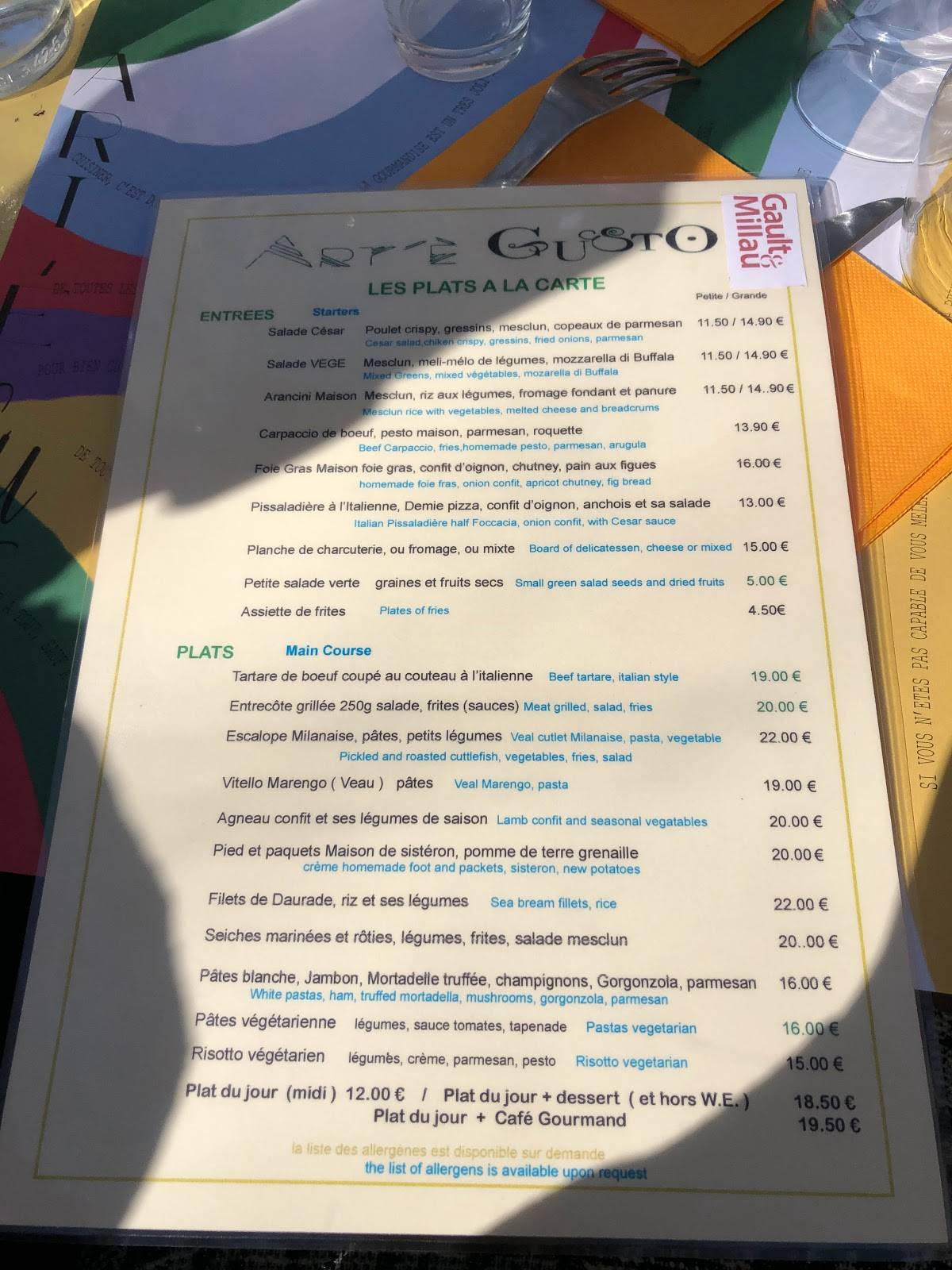 Menu at Art'è Gusto restaurant, Avignon