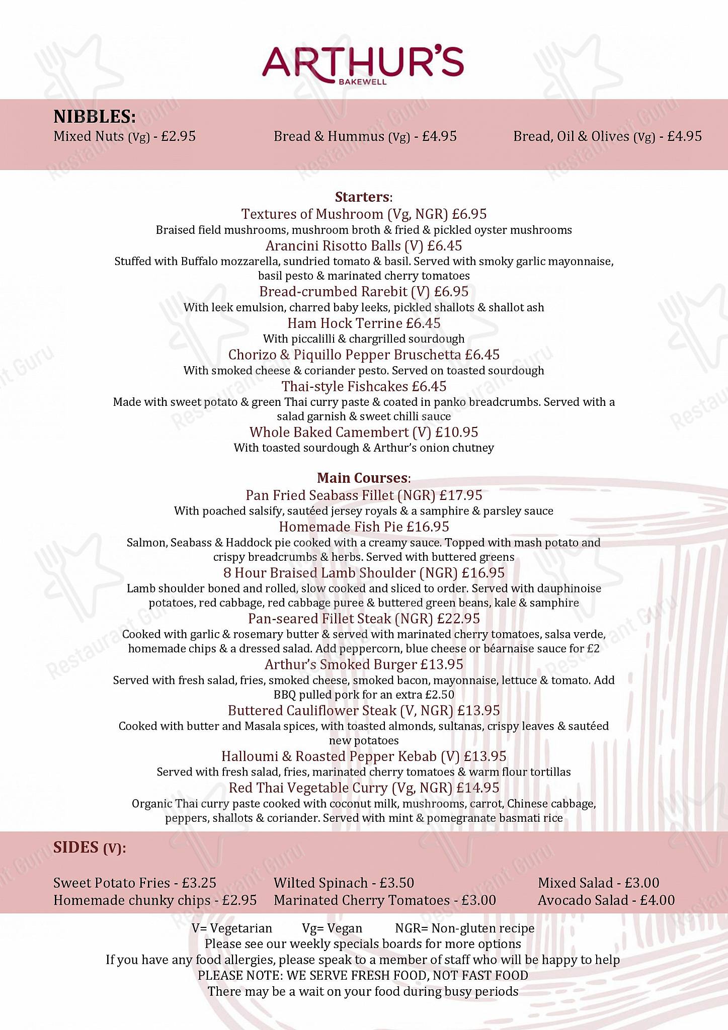 Menu at Arthur's restaurant, Bakewell