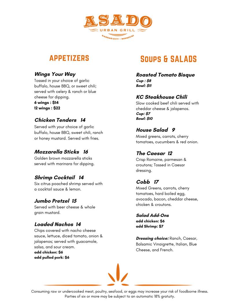 Menu at Asado Urban Grill and Lounge pub & bar, Kansas City