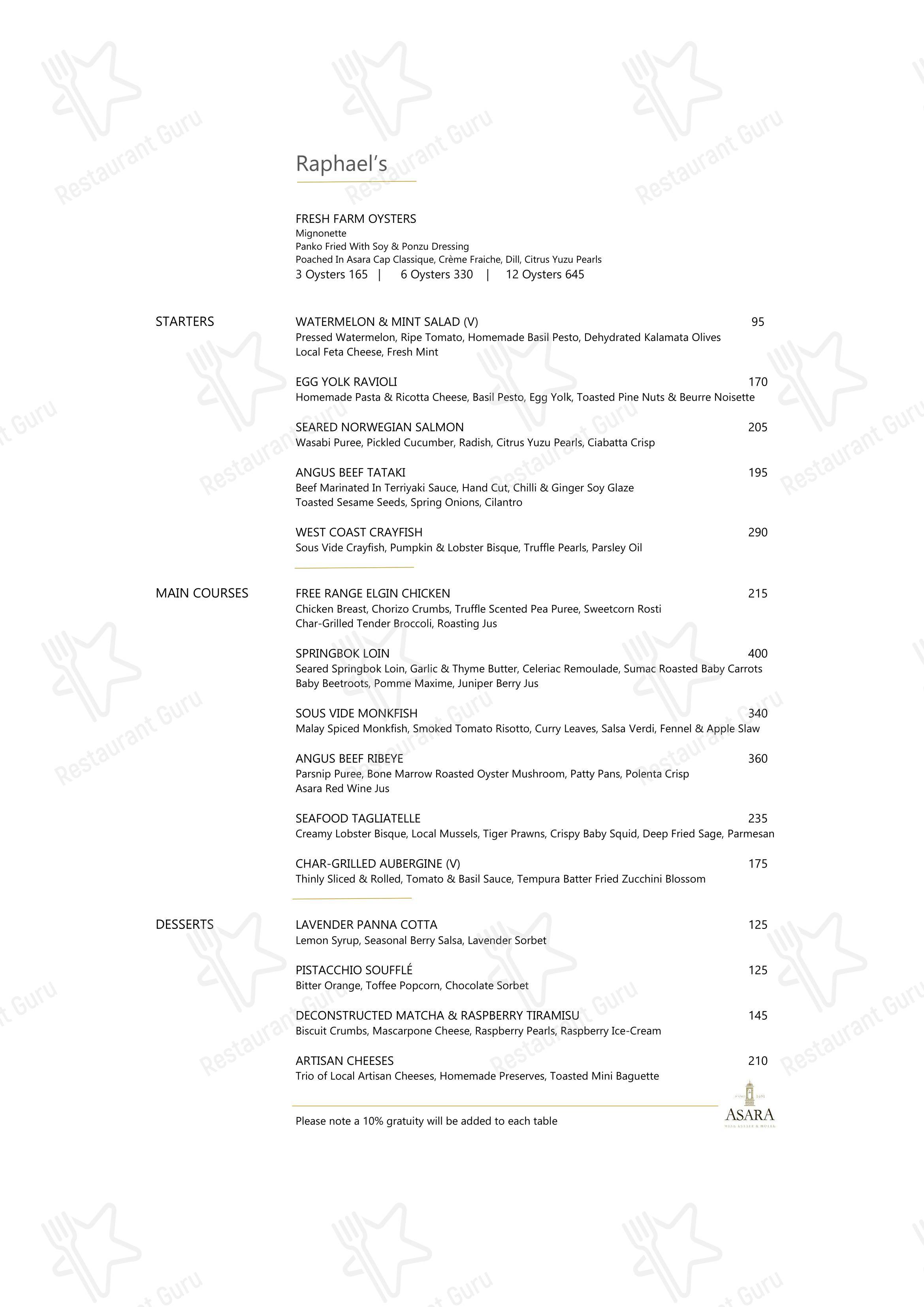 Menu at Asara Wine Estate & Hotel desserts, Stellenbosch, Polkadraai Rd