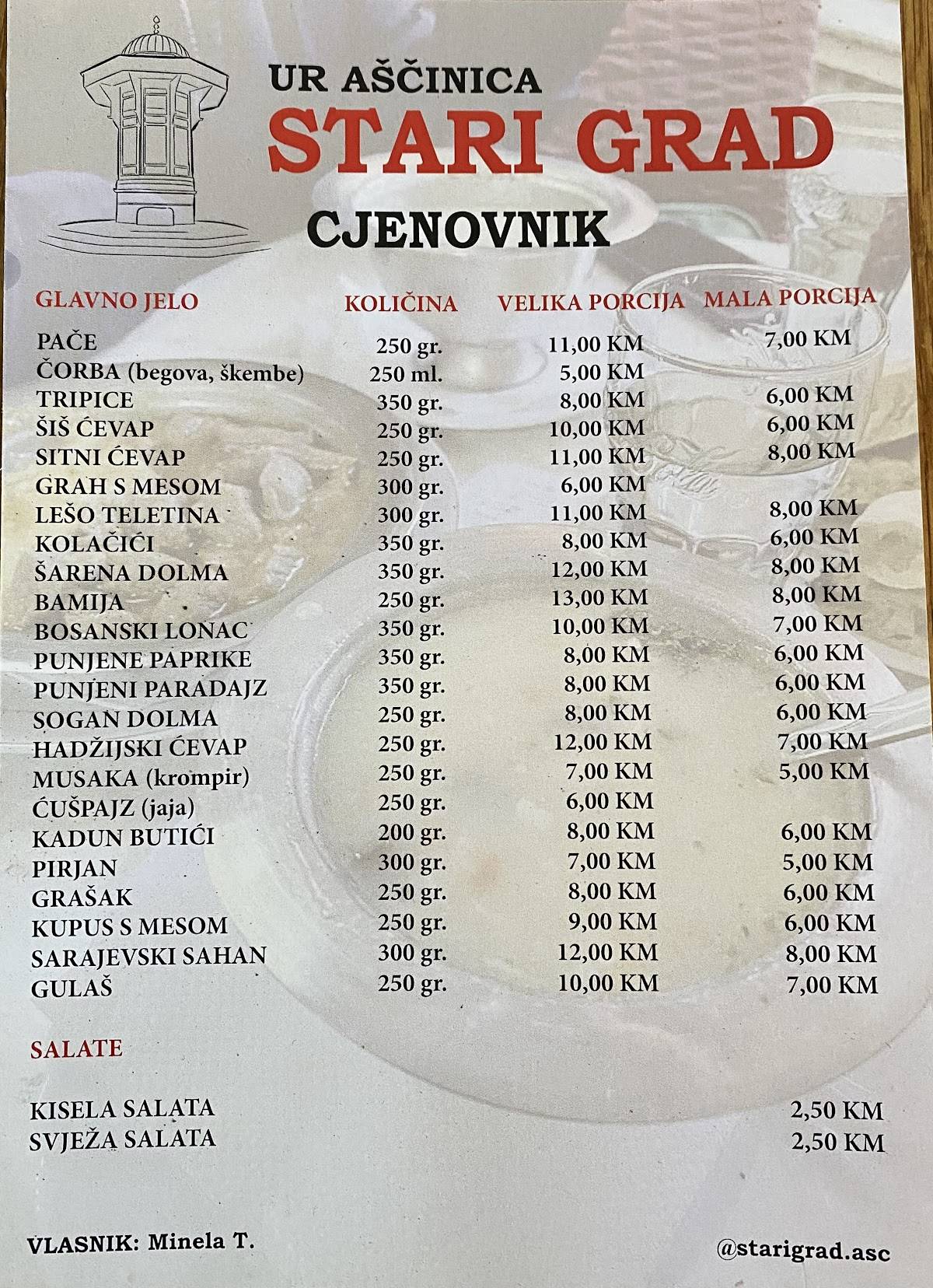 Menu at Aščinica Stari Grad restaurant, Sarajevo