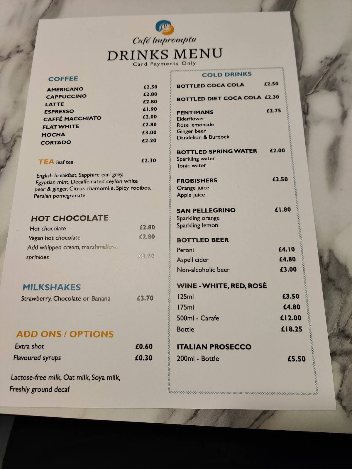 Menu at Café Impromptu cafe, Ashbourne